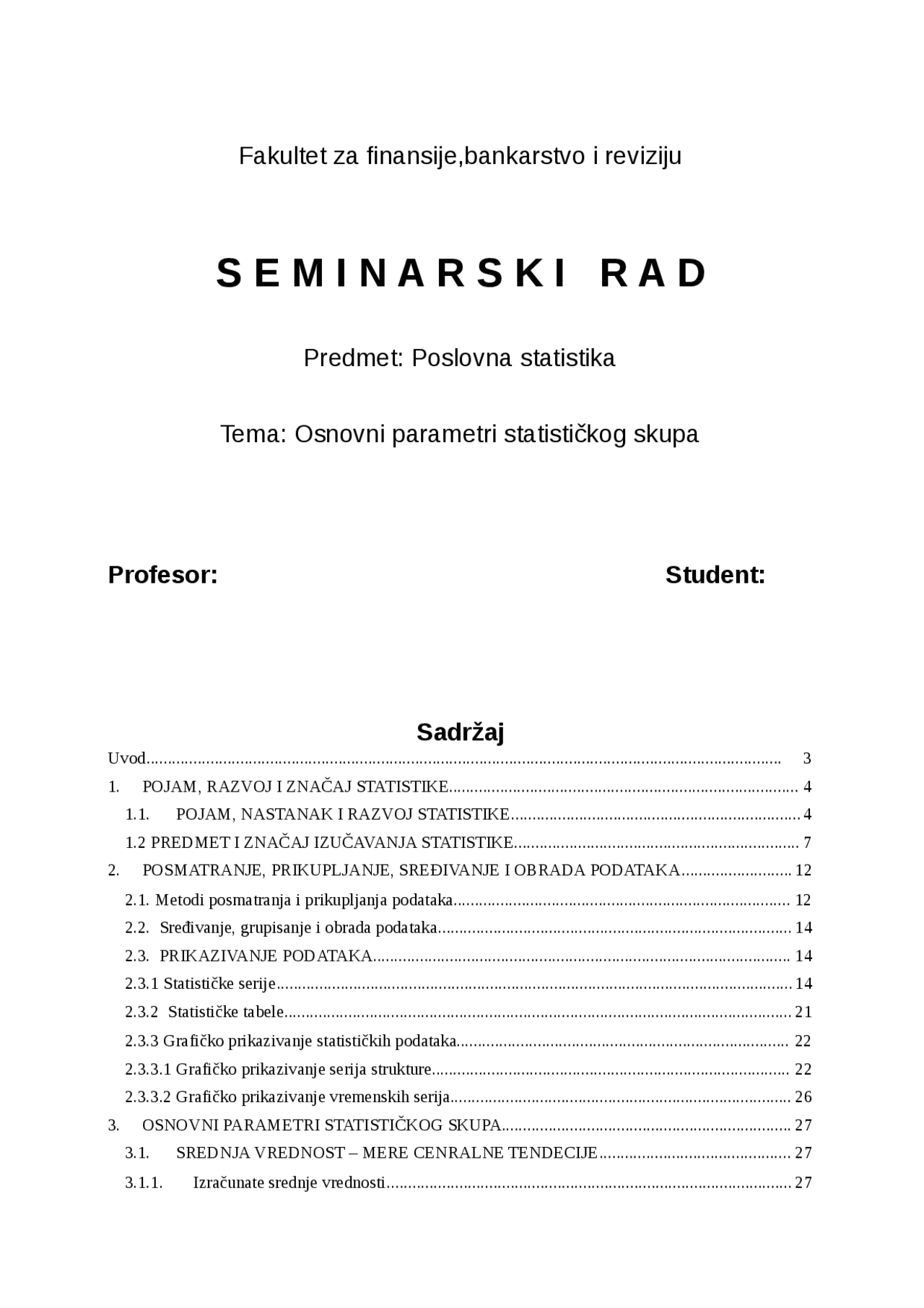 Seminarski Rad Statistika Esej Predlog Osnovi Statistike Docsity