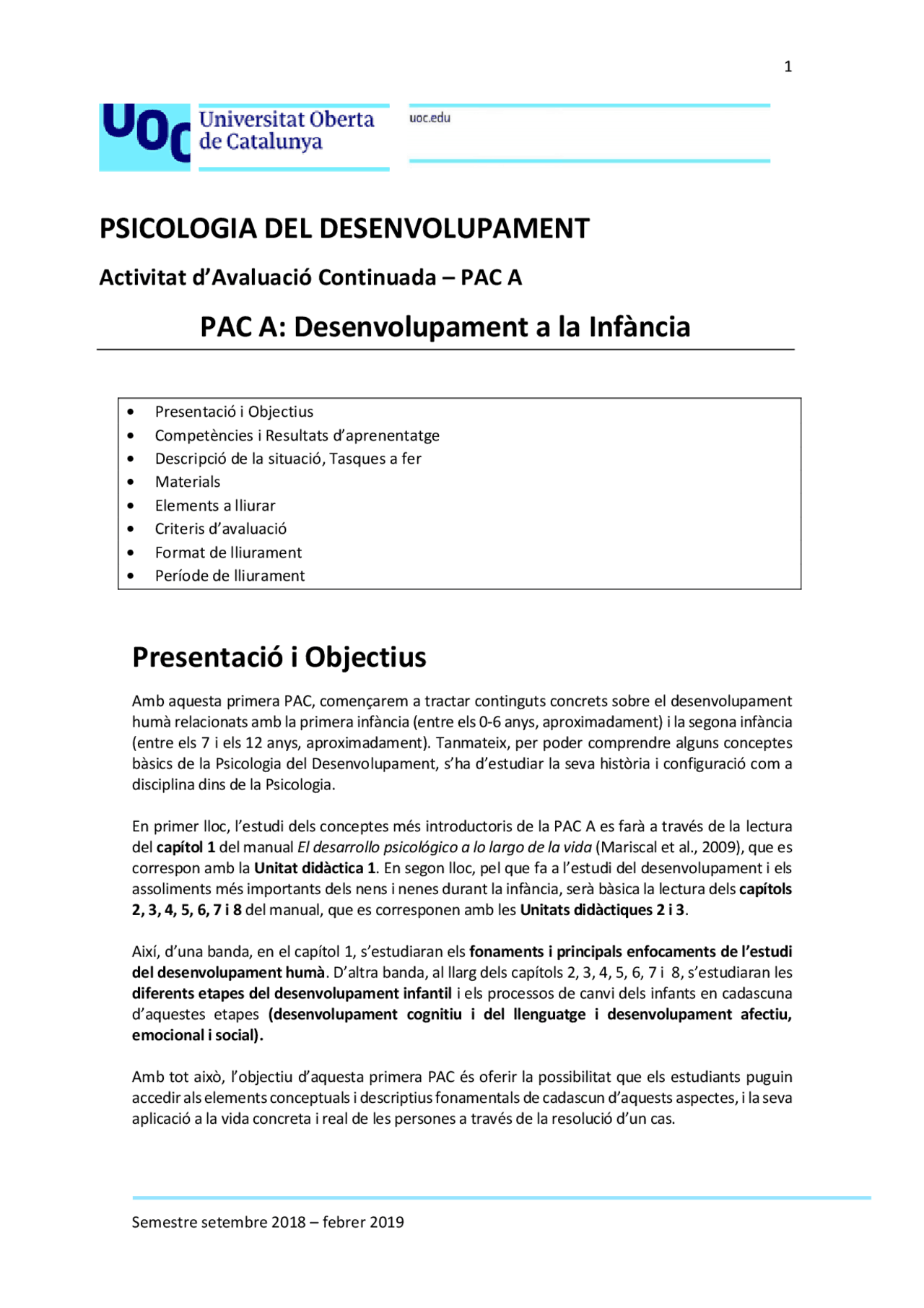Pac A Desenvolupament A La Infància Ejercicios De Psicología Docsity