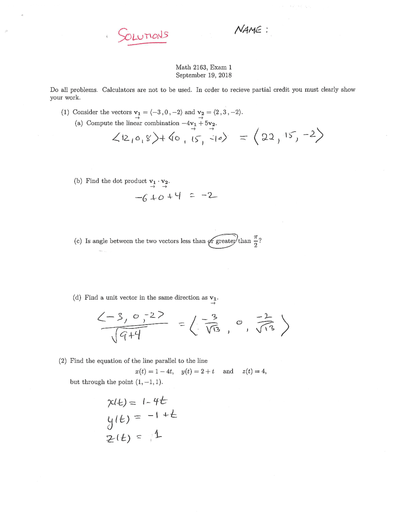 Examination 1 Solutions Calculus Iii Math 2163 Docsity