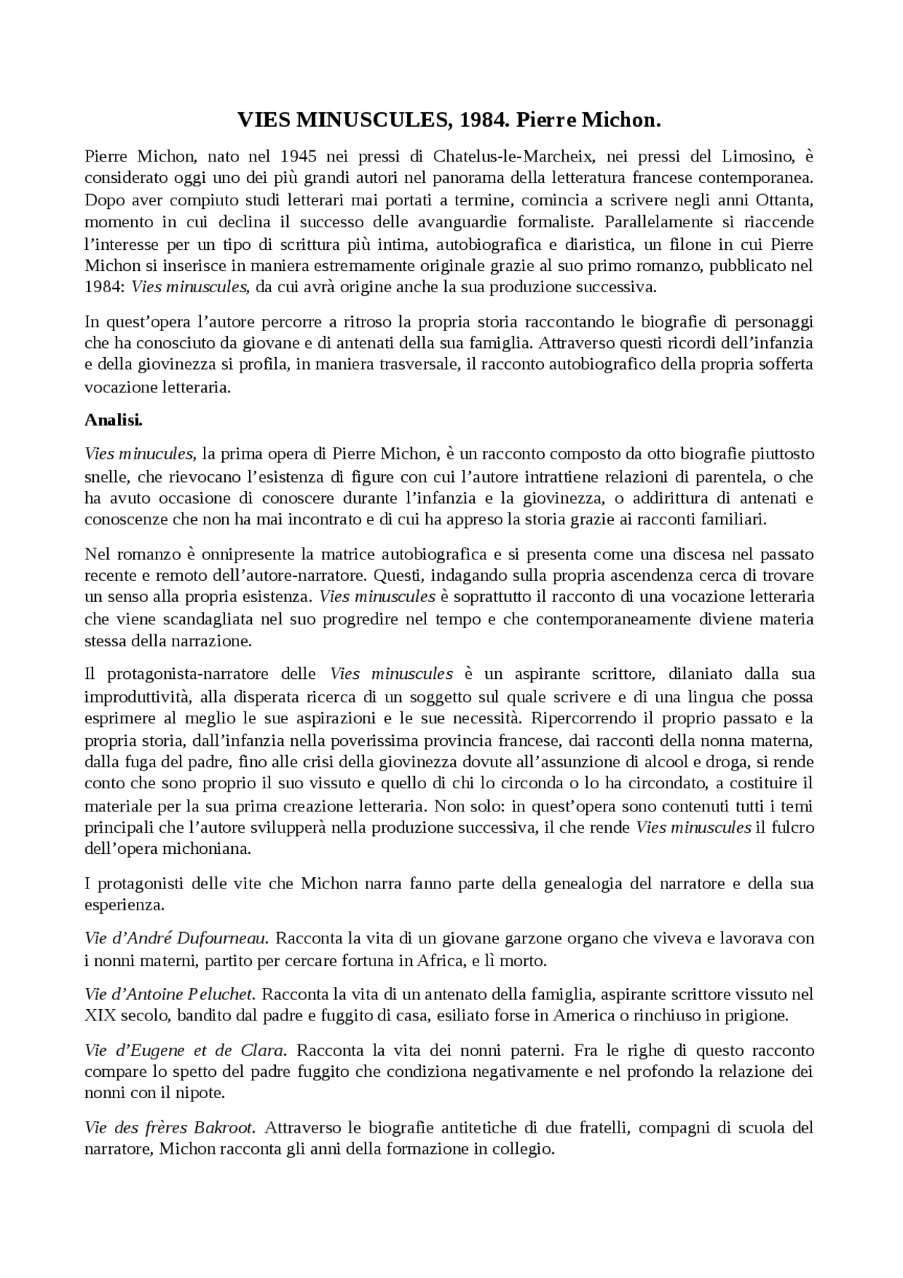 Vies Minuscules Pierre Michon Docsity