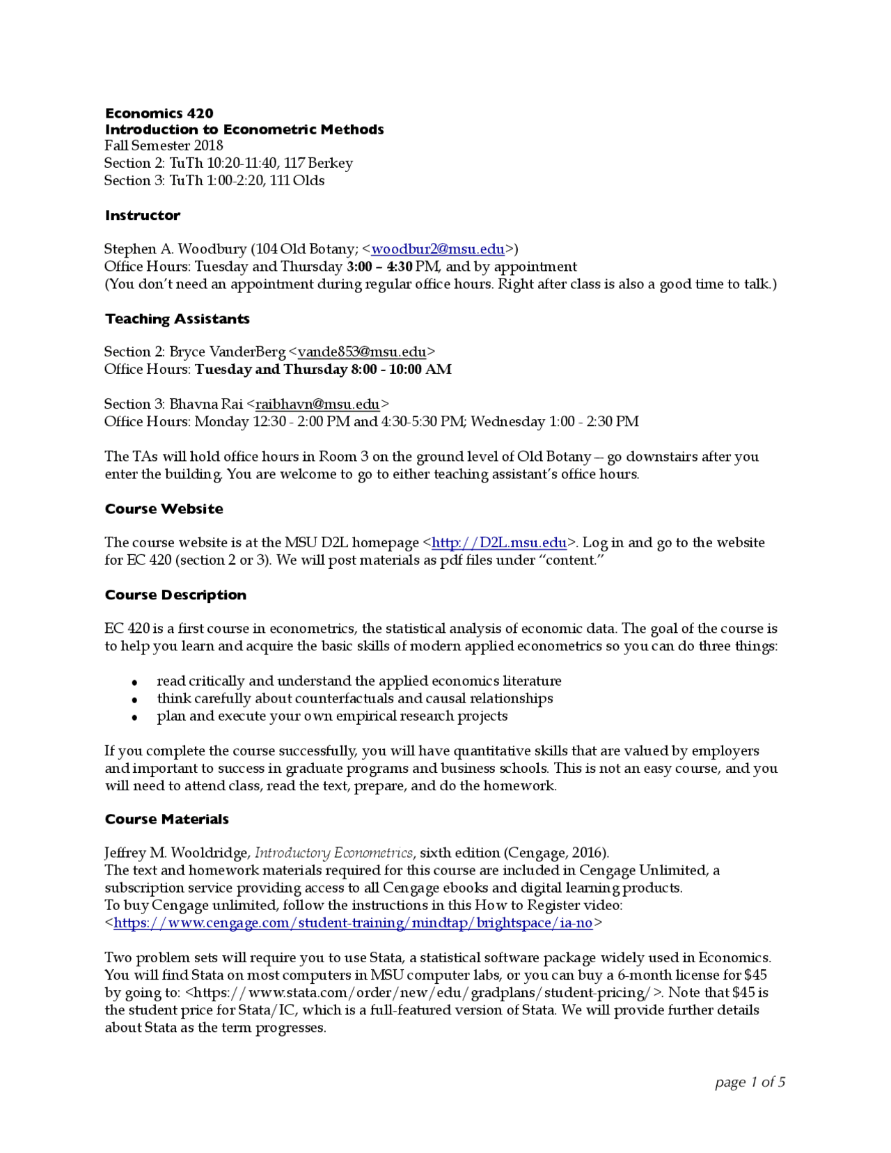 Syllabus For Introduction To Econometric Methods Ec 420 Docsity