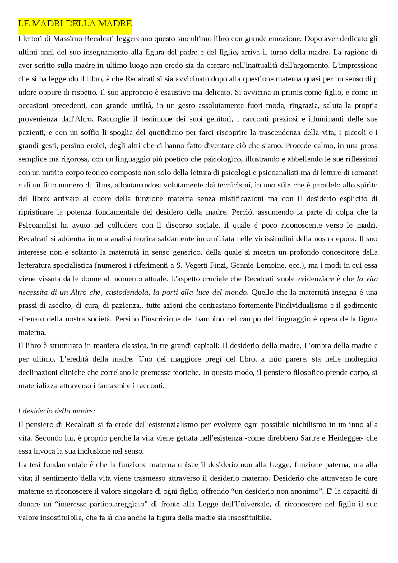 Le Mani Della Madre Recalcati Docsity