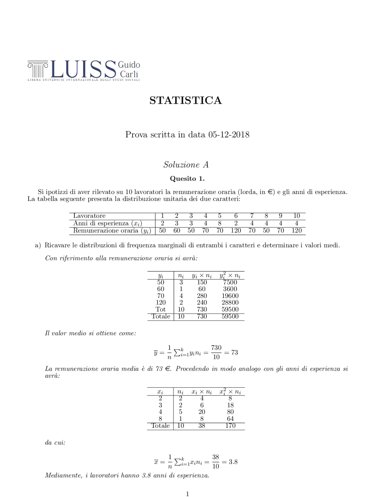 Esercizi di Statistica: Applicazioni e Risoluzione di Problemi | Prove d'esame di Statistica ...