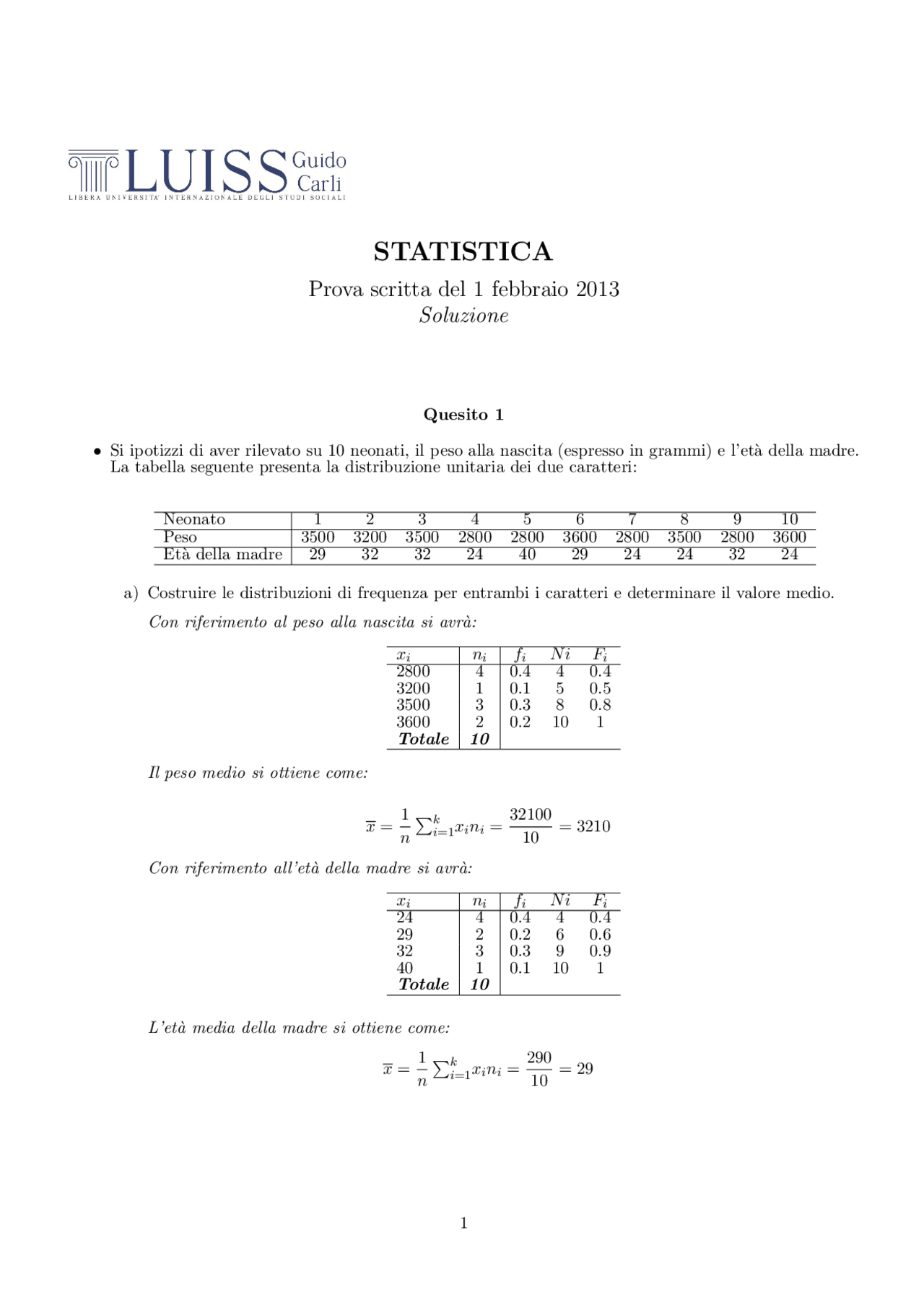 Esame Statistica Luiss Canale D Livia De Giovanni Docsity
