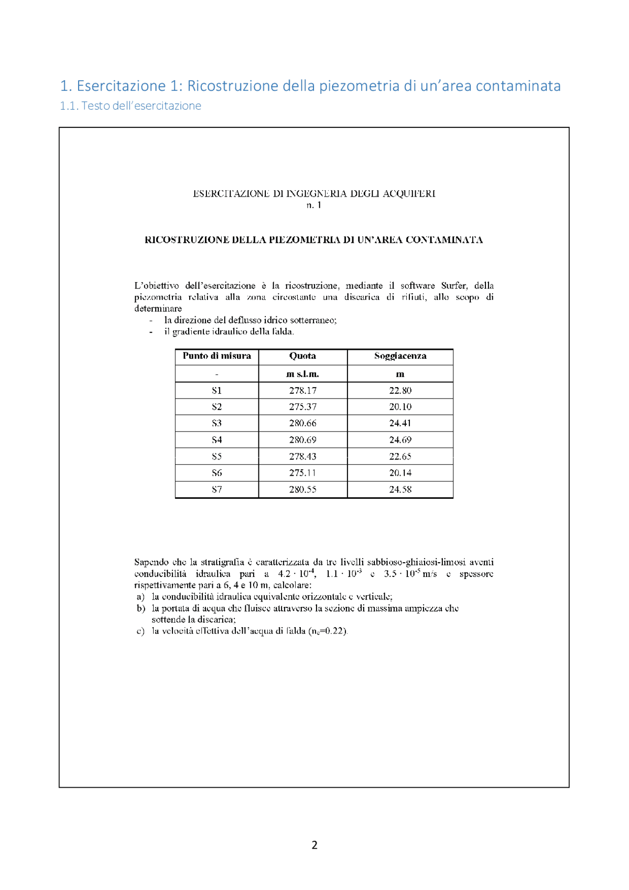 Relazione Es 1 Ingegneria Degli Acquiferi Docsity