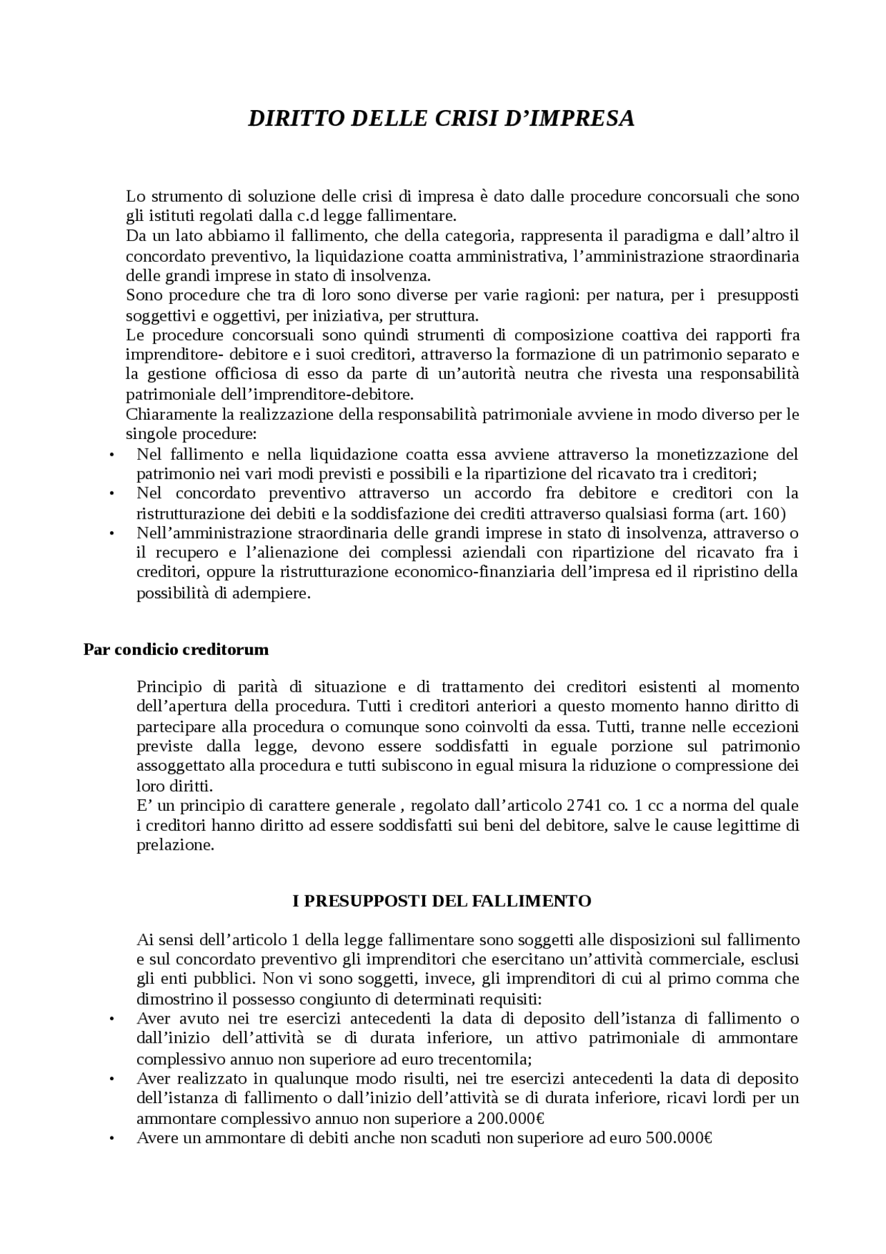 Riassunto Di Diritto Fallimentare Docsity