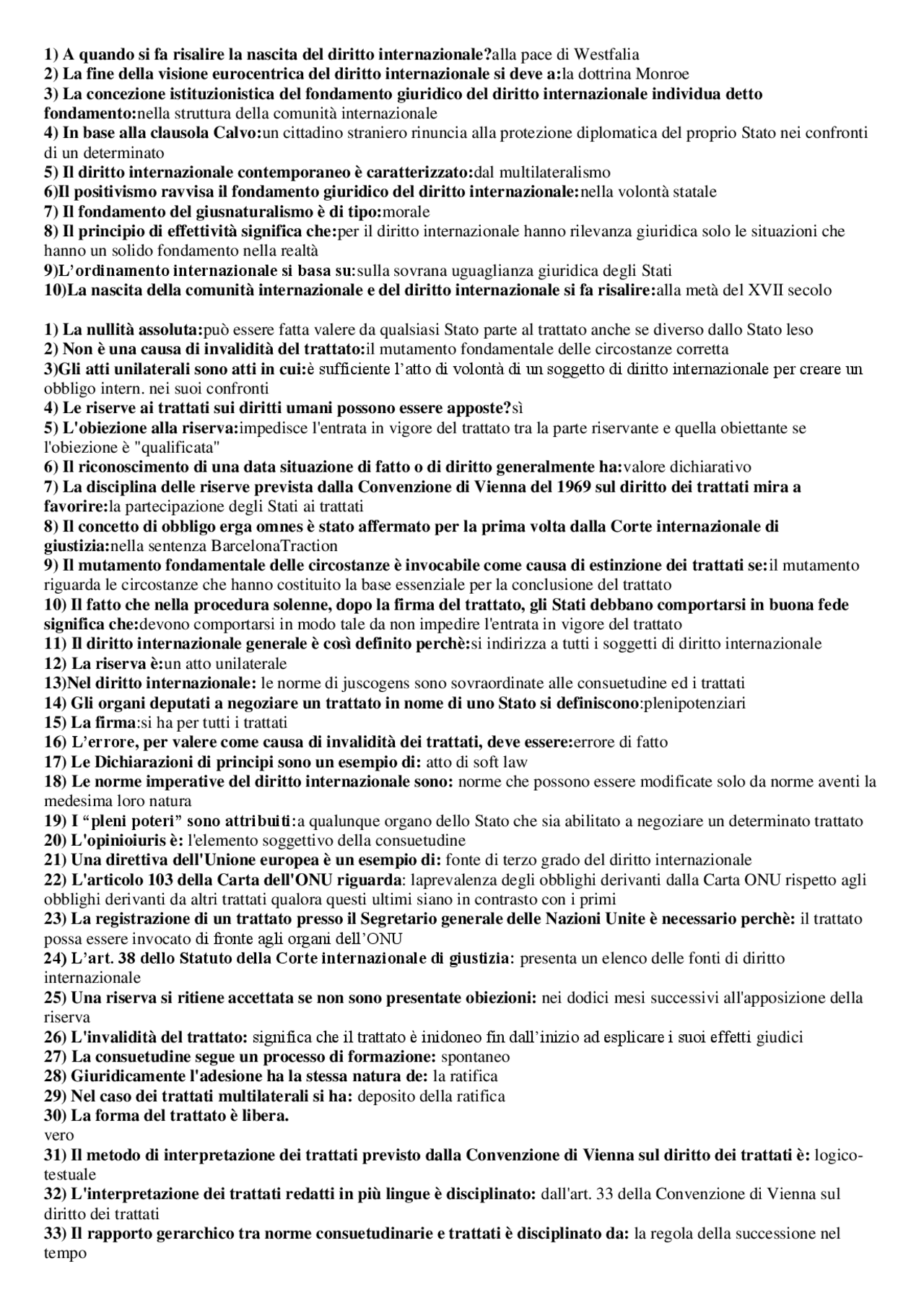 Test Autovalutazione Diritto Internazionale Unicusano Docsity