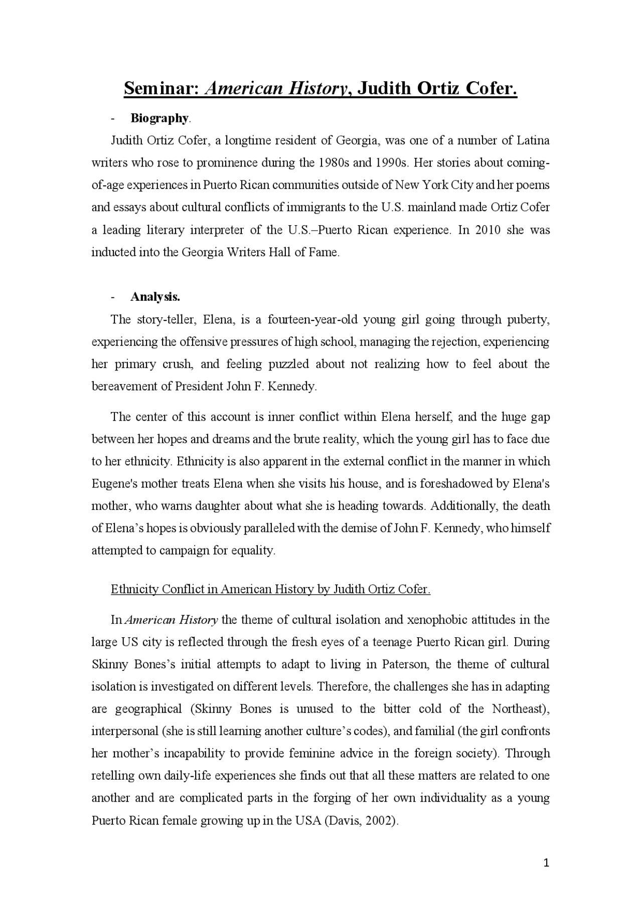 Judith Ortiz Cofer, American History. - Docsity