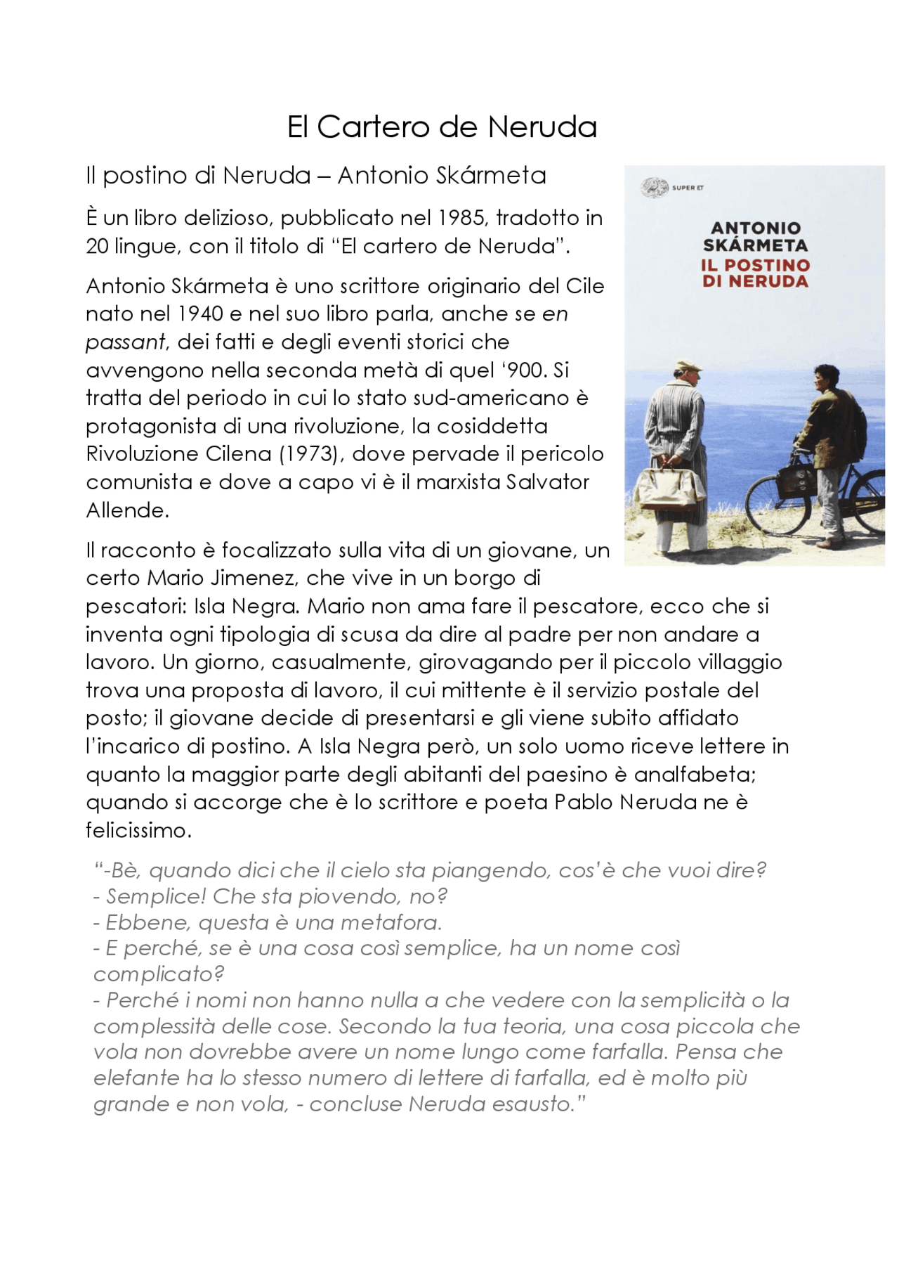 Il postino di neruda - Antonio Skàrmeta - Docsity