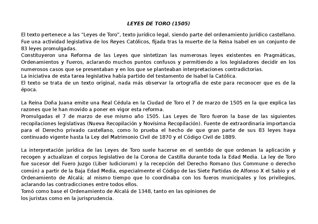Leyes de Toro 1555 esquema - Docsity