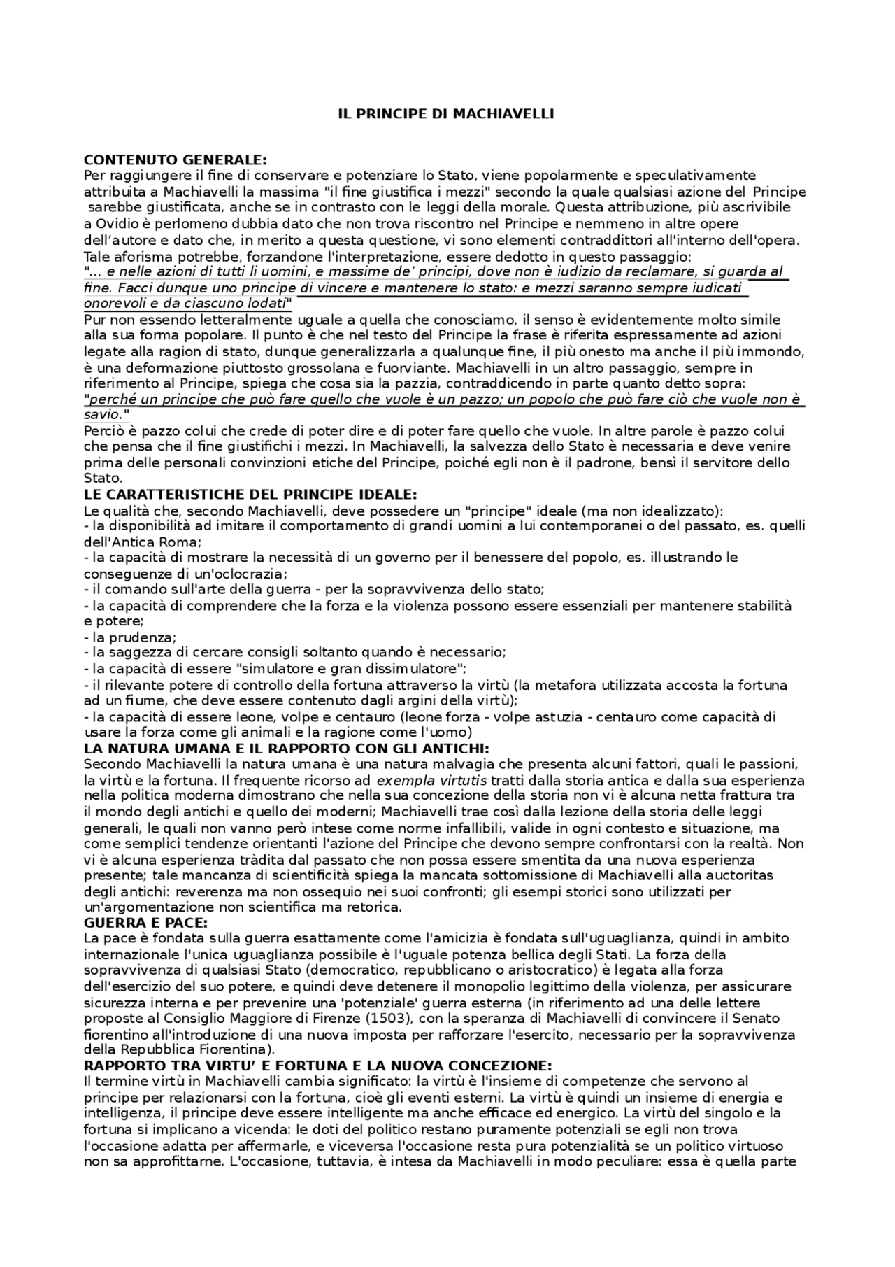 Il Principe Di Machiavelli Riassunto Docsity