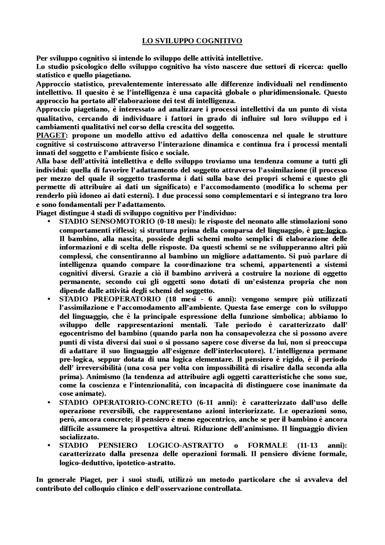 Lo Sviluppo Cognitivo Appunti Di Psicologia Generale Docsity
