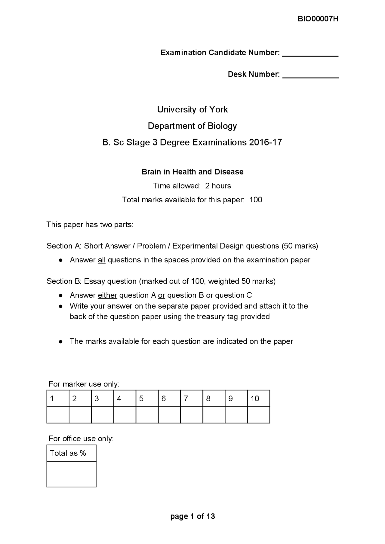 Brain in Health and Disease Past Paper - Docsity