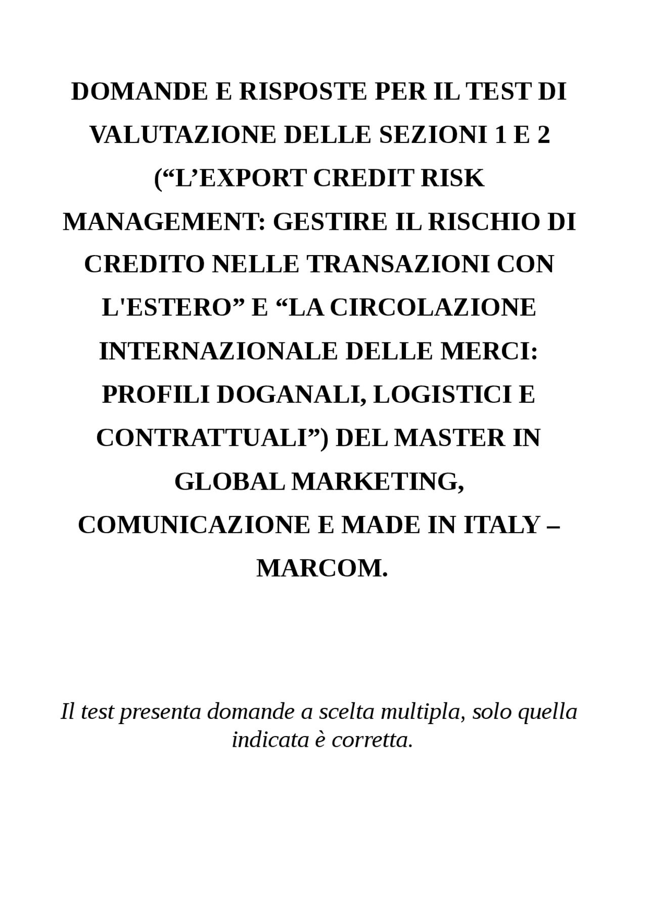 Risposte Test Di Valutazione Delle Sezioni 1 E 2 Del Master In Global