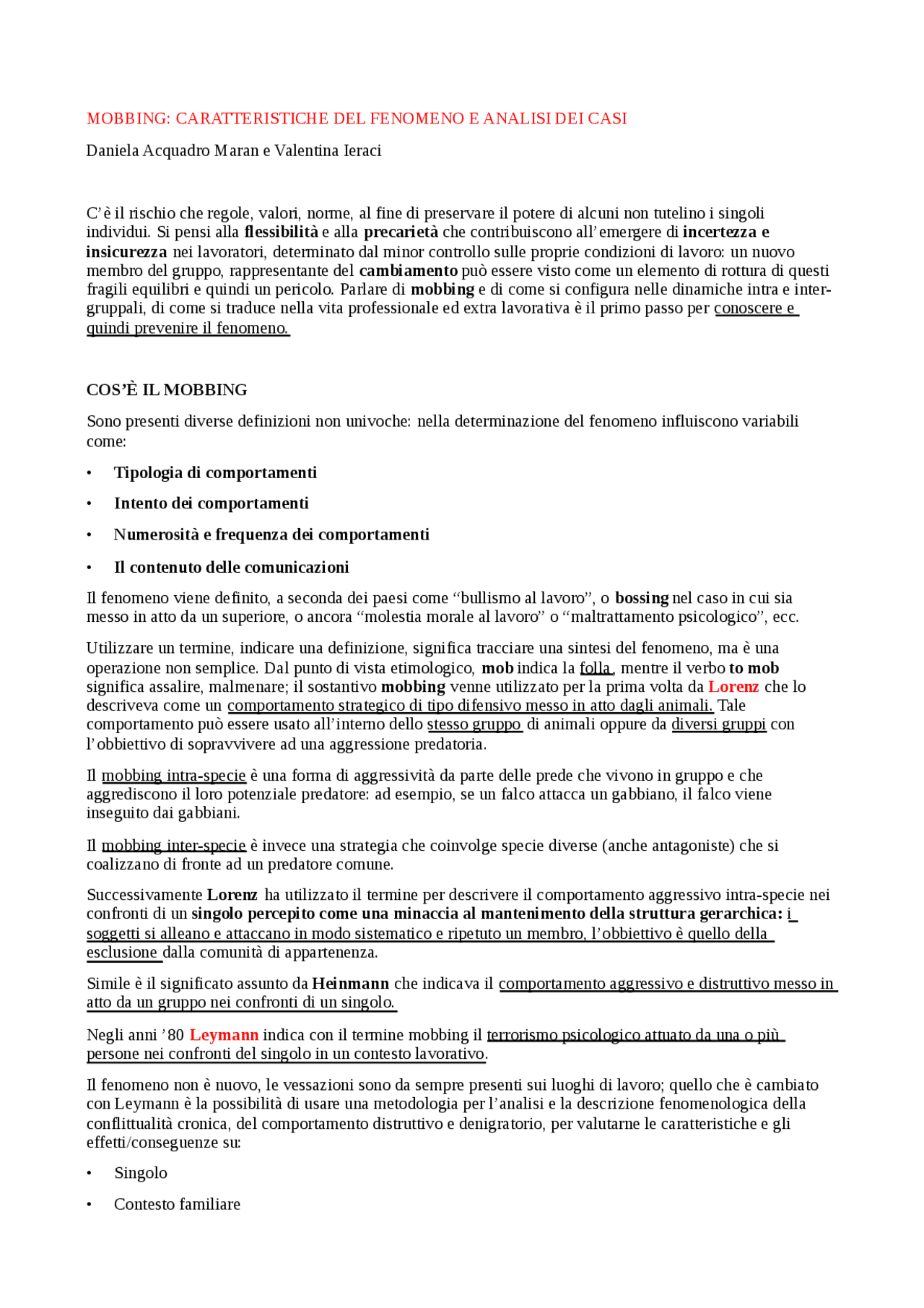 Riassunto Mobbing Caratteristiche Del Fenomeno E Analisi Dei Casi Pag