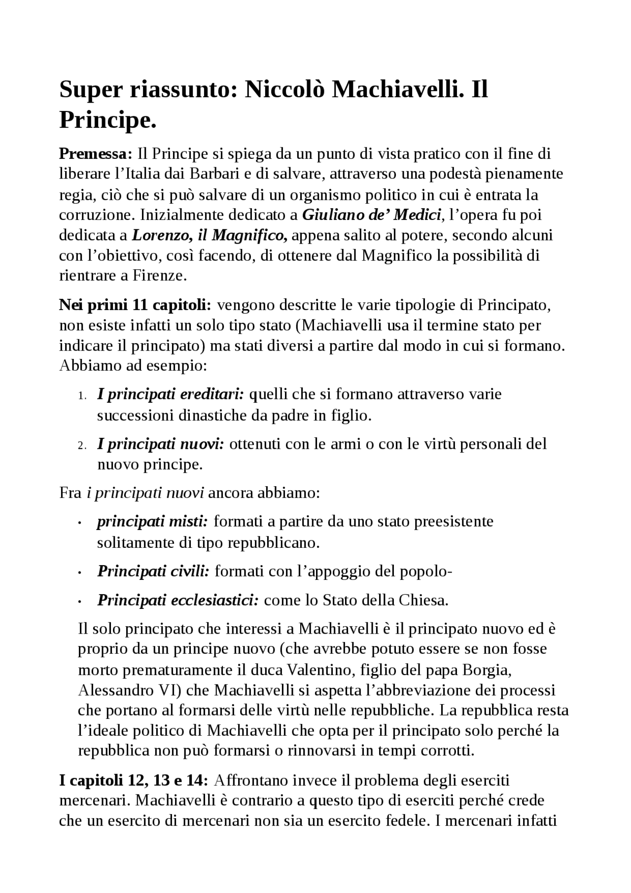 Super Riassunto Il Principe Niccolò Machiavelli Docsity
