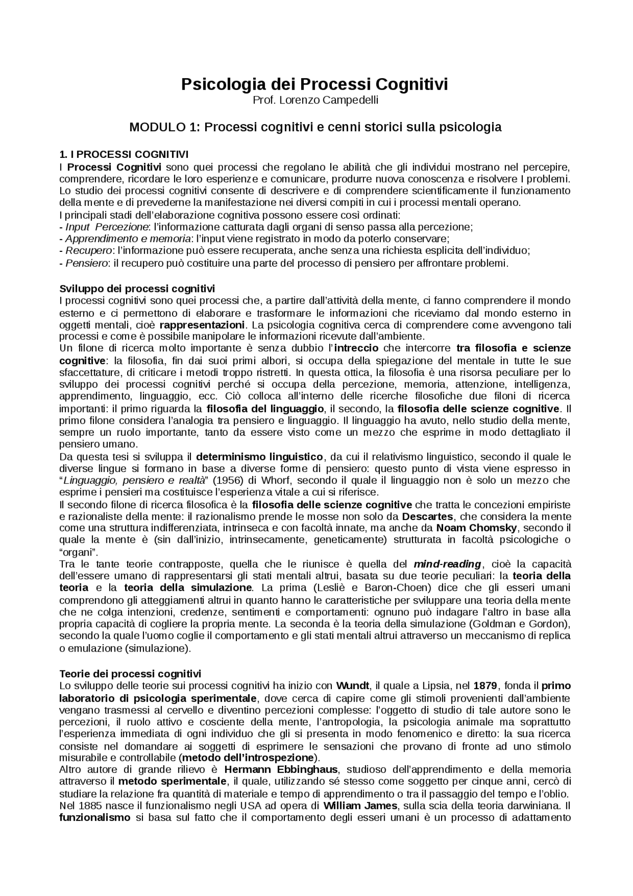 Psicologia Dei Processi Cognitivi Docsity