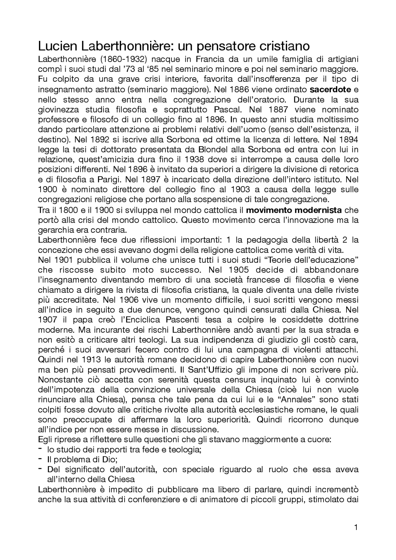 Sintesi Di Tutto Il Testo Di Laberthonnière Docsity
