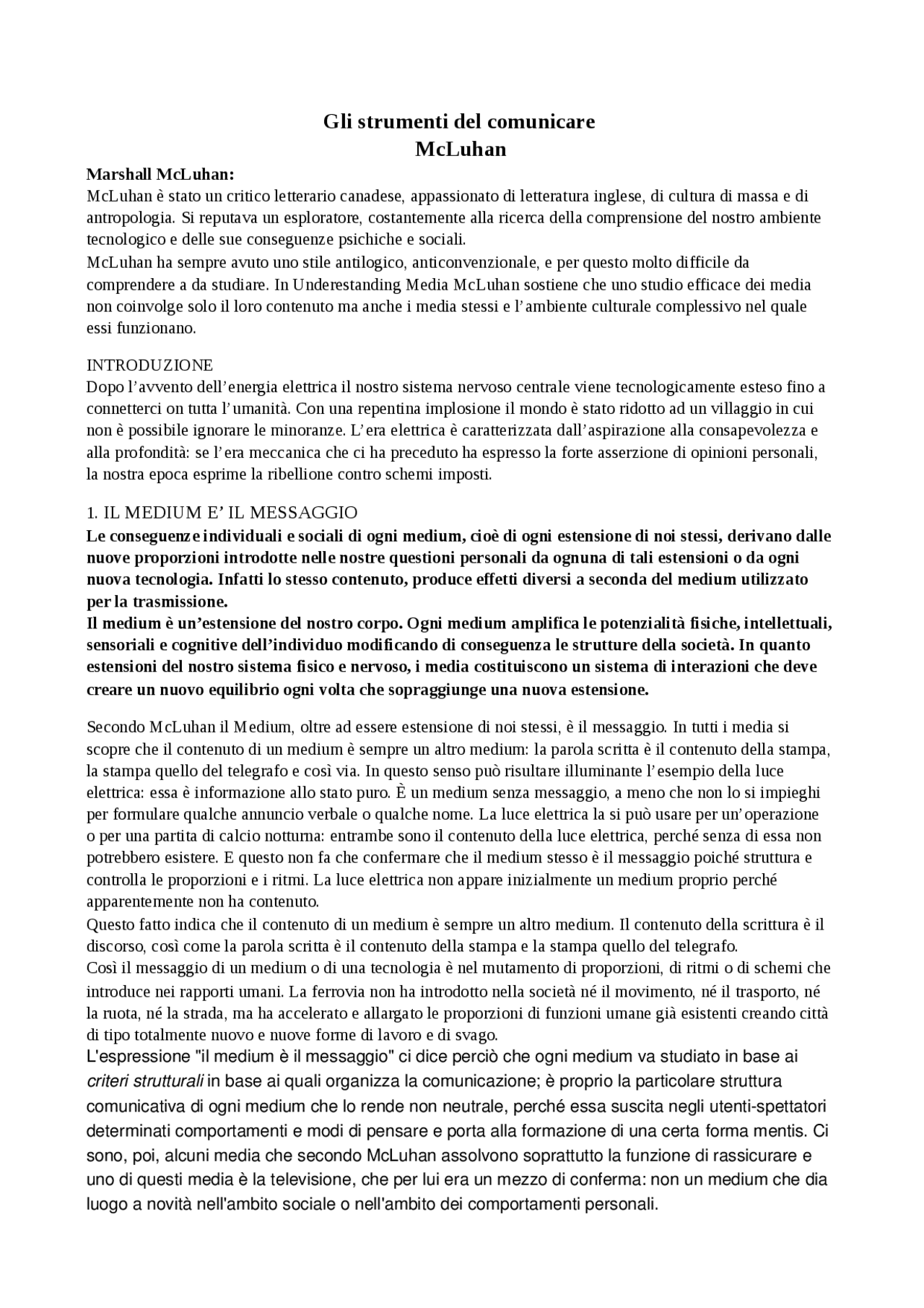 Gli Strumenti Del Comunicare Mcluhan Docsity