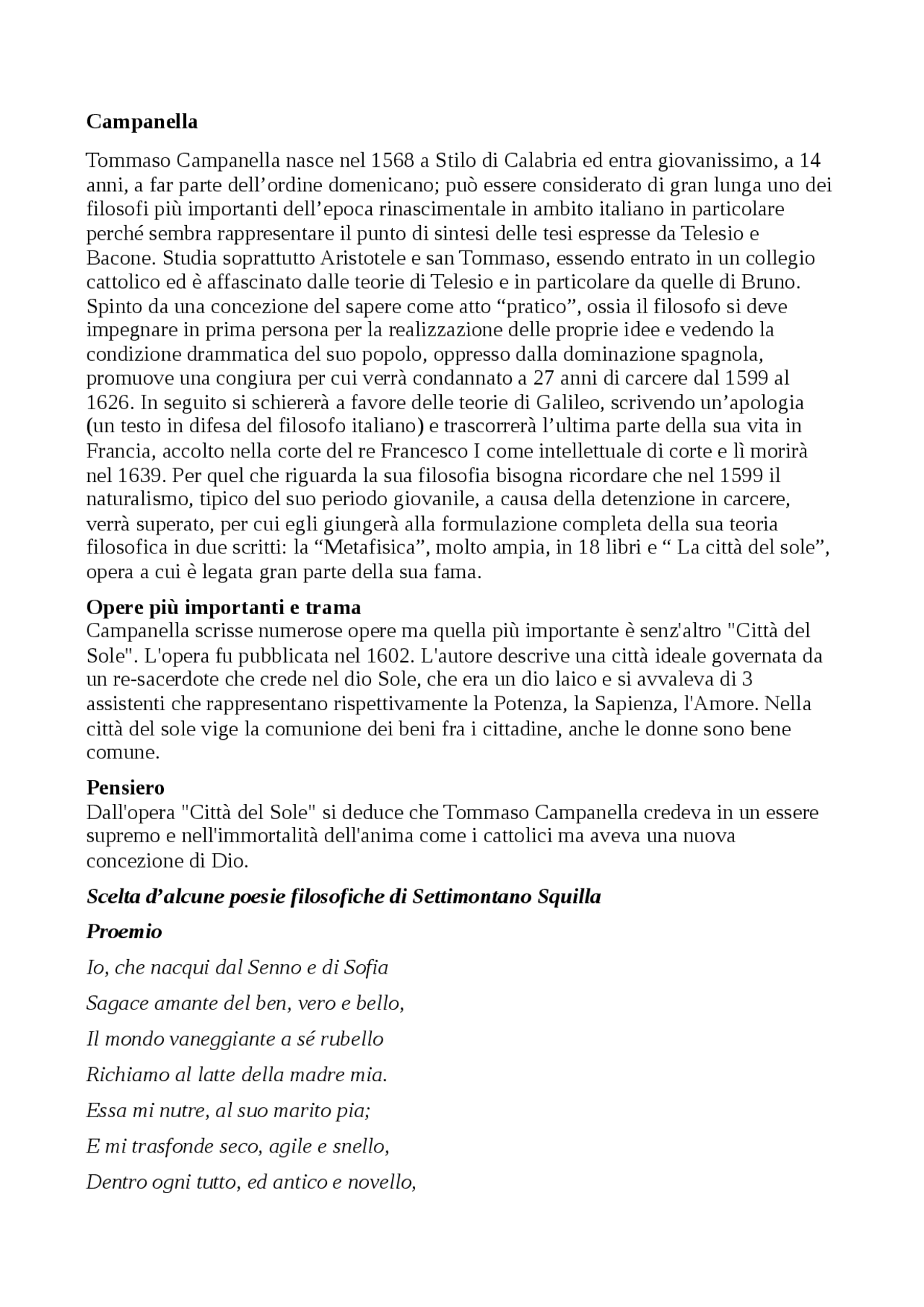 Tommaso Campanella Letteratura Docsity