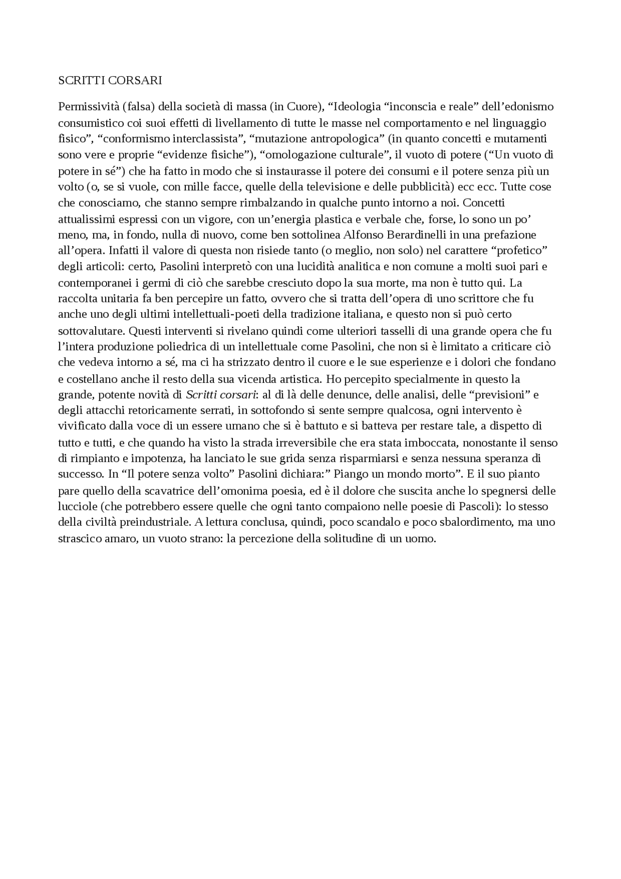 Scritti Corsari Pier Paolo Pasolini Recensione Docsity