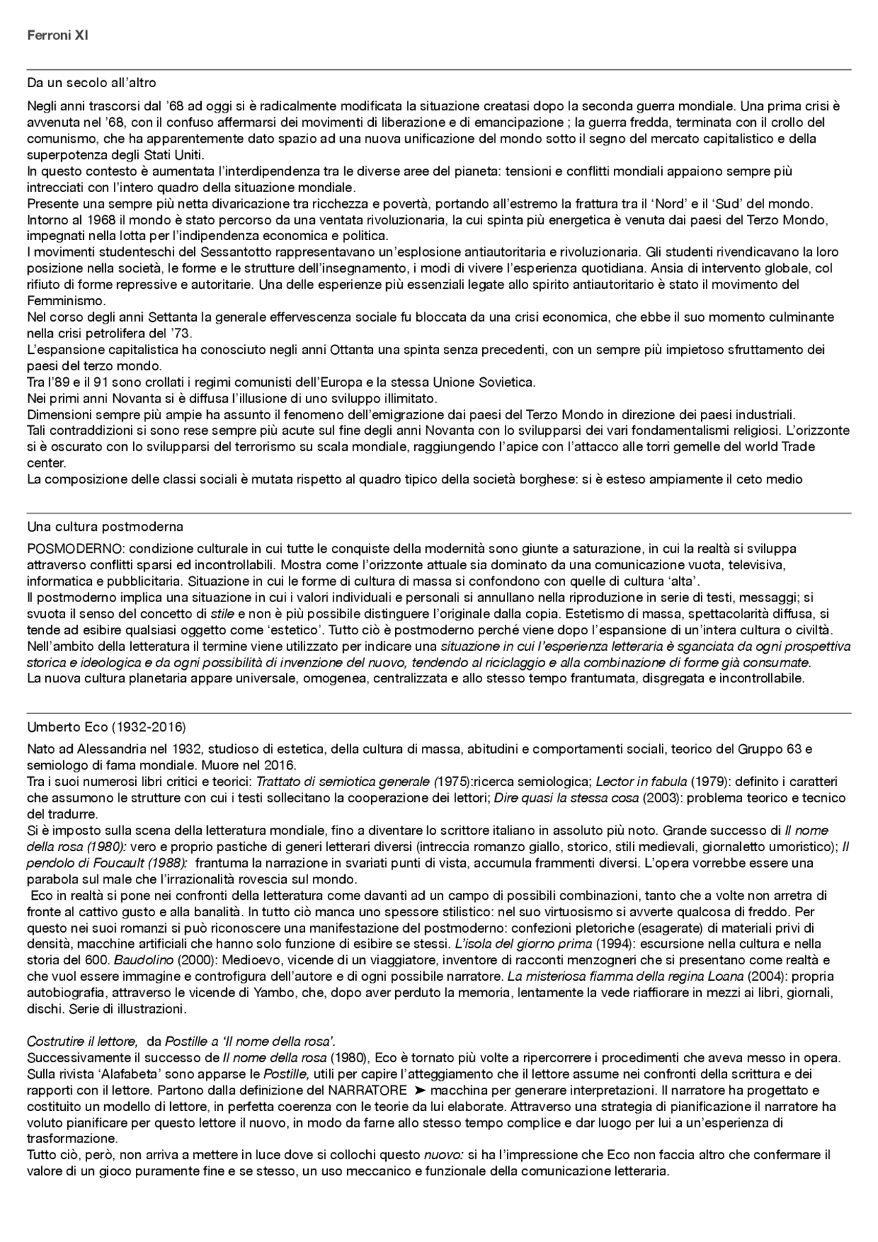 Sintesi Libro Ferroni Xi Docsity