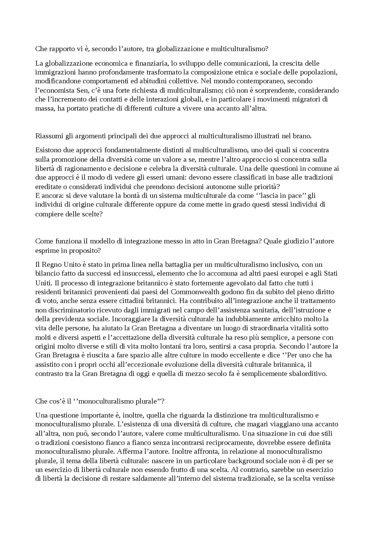 Amartya Sen: il multiculturalismo | Schemi e mappe concettuali di Filosofia | Docsity