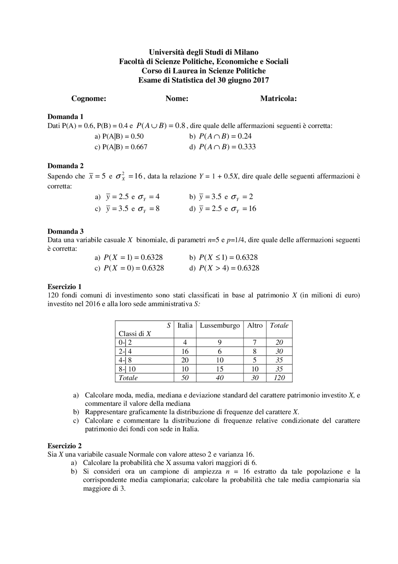 Prova Desame Di Statistica Modulo 1 Docsity