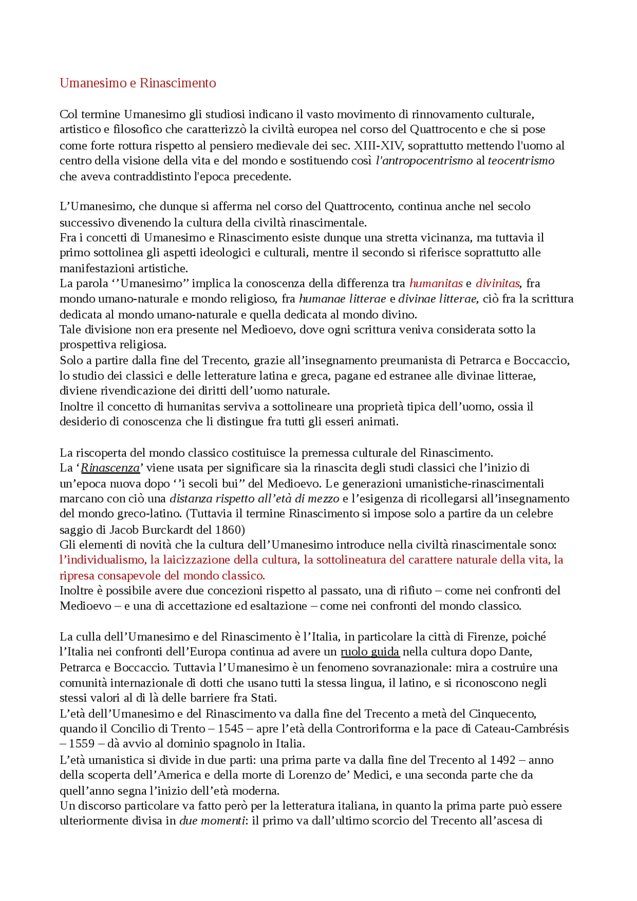 Umanesimo E Rinascimento Docsity