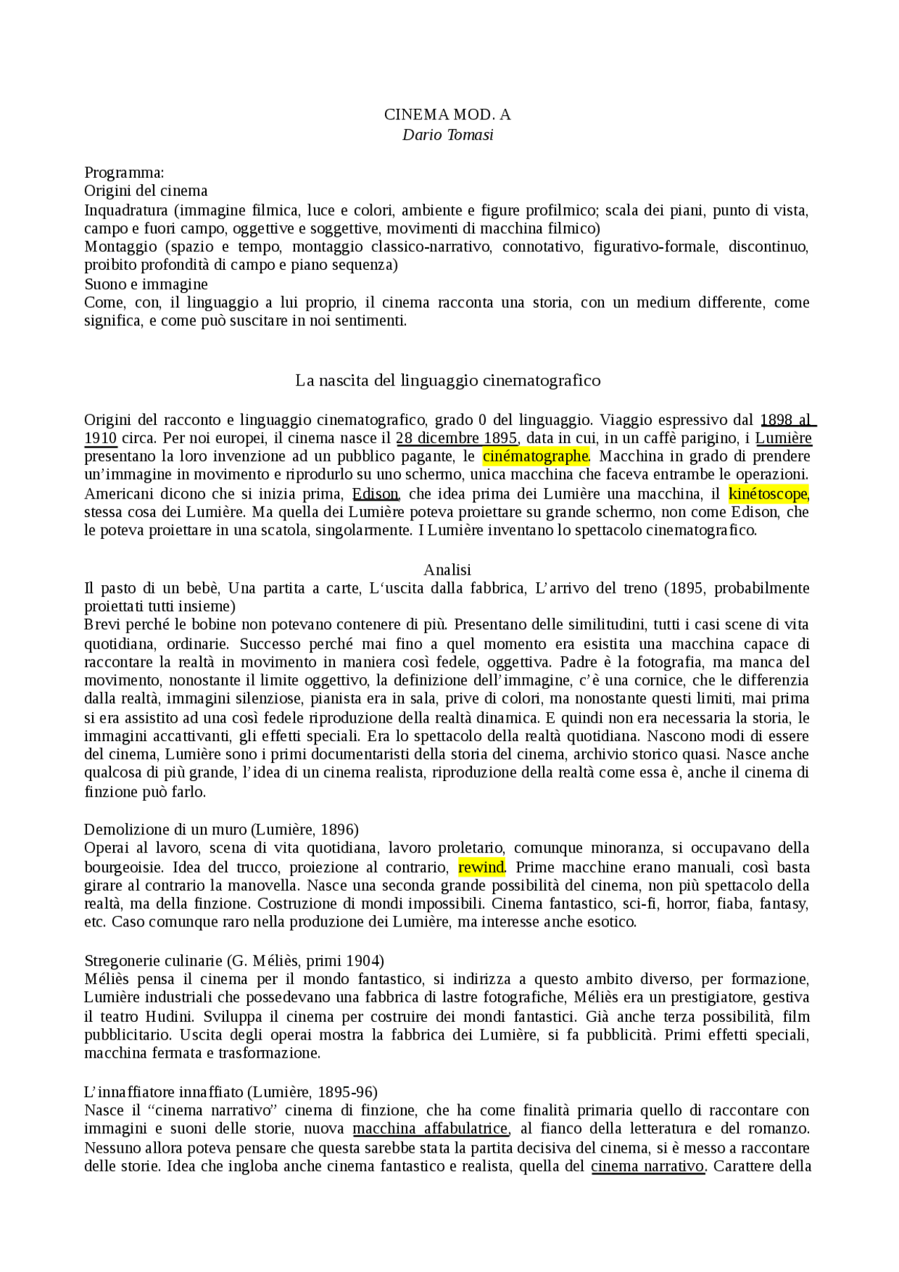 Storia Del Cinema A Mod 1 Docsity