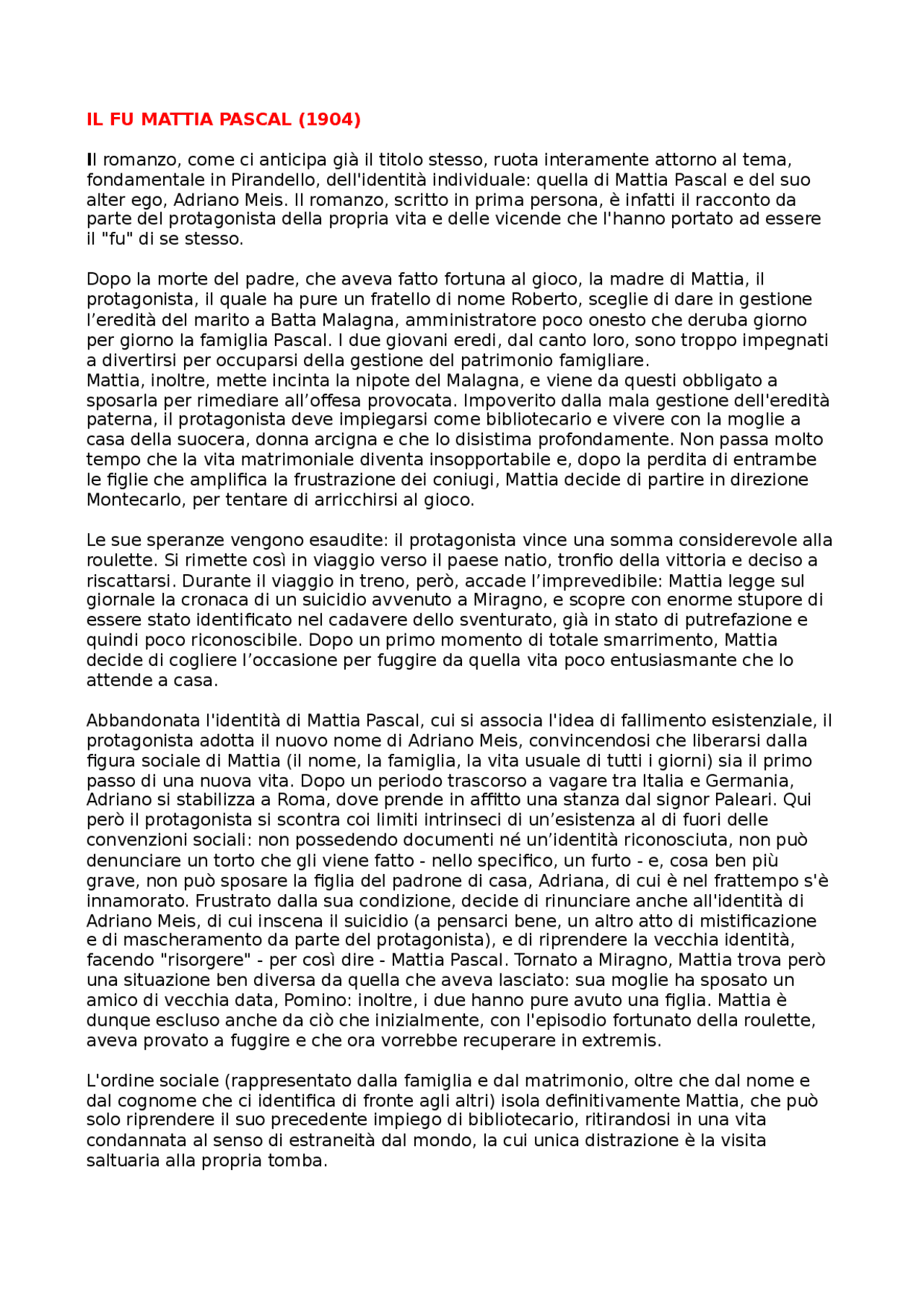 Il Fu Mattia Pascal Pirandello Appunti Di Italiano Docsity