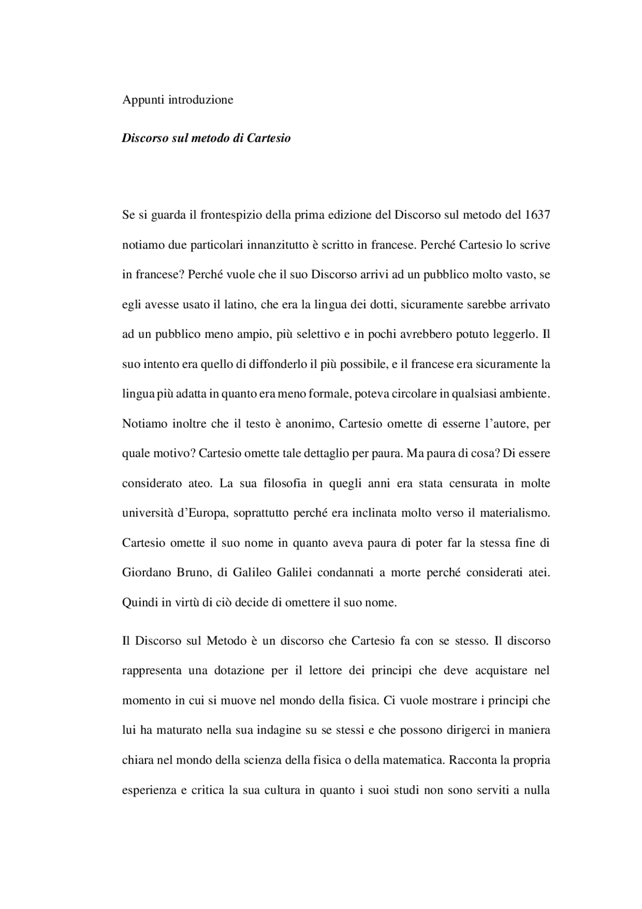 Discorso Sul Metodo Cartesio Docsity