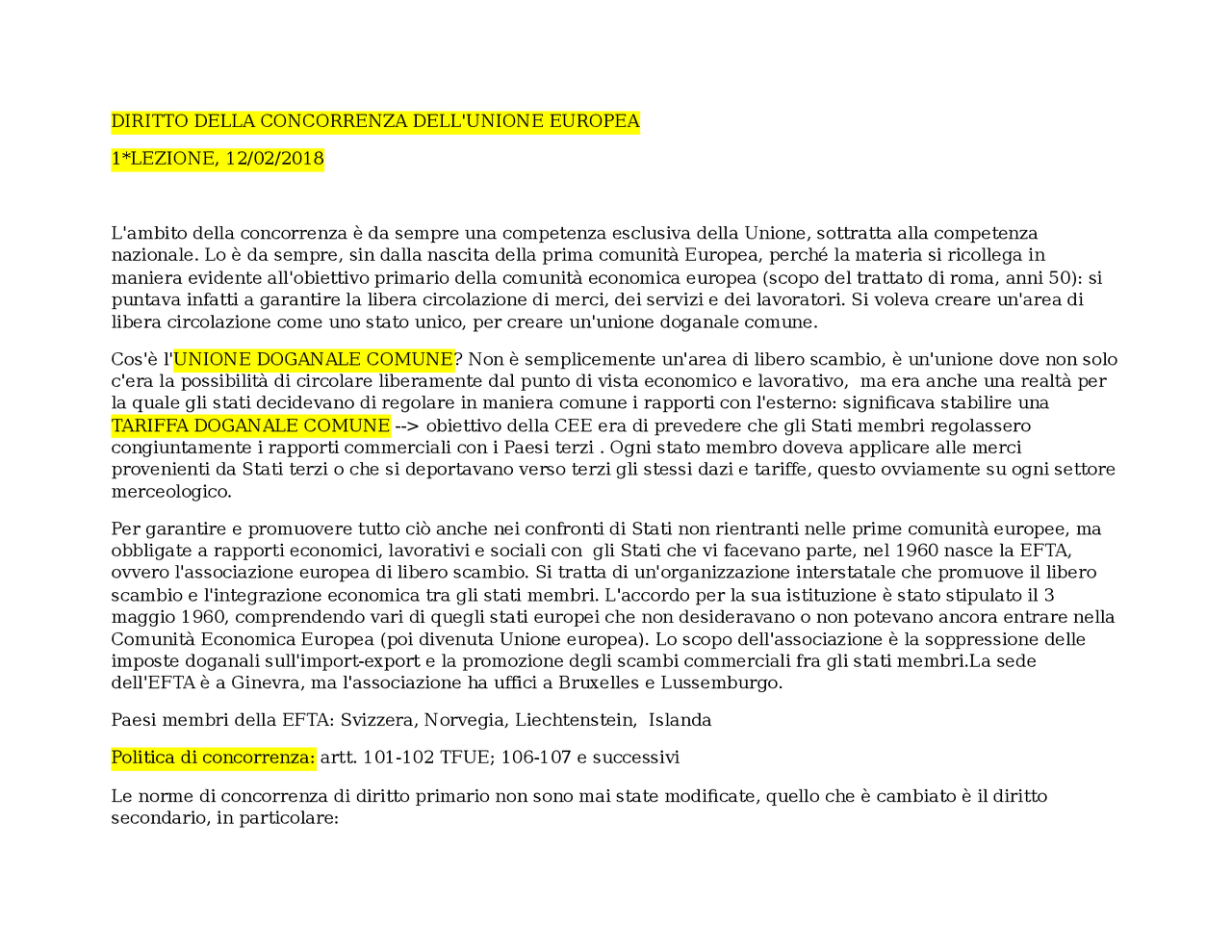 Appunti di Diritto della Concorrenza nell'Unione Europea - Docsity