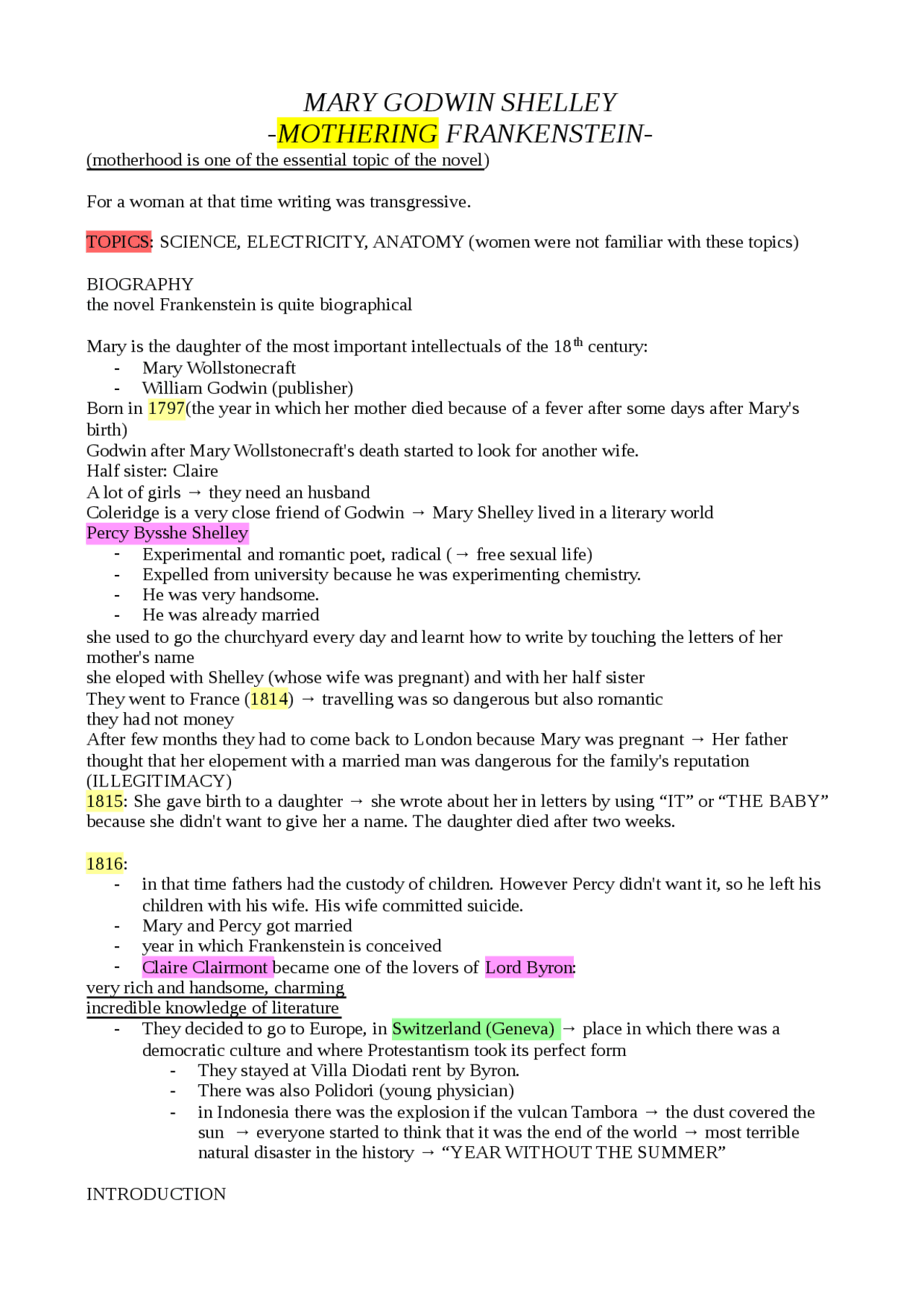 Mary Shelley - Biography - Docsity