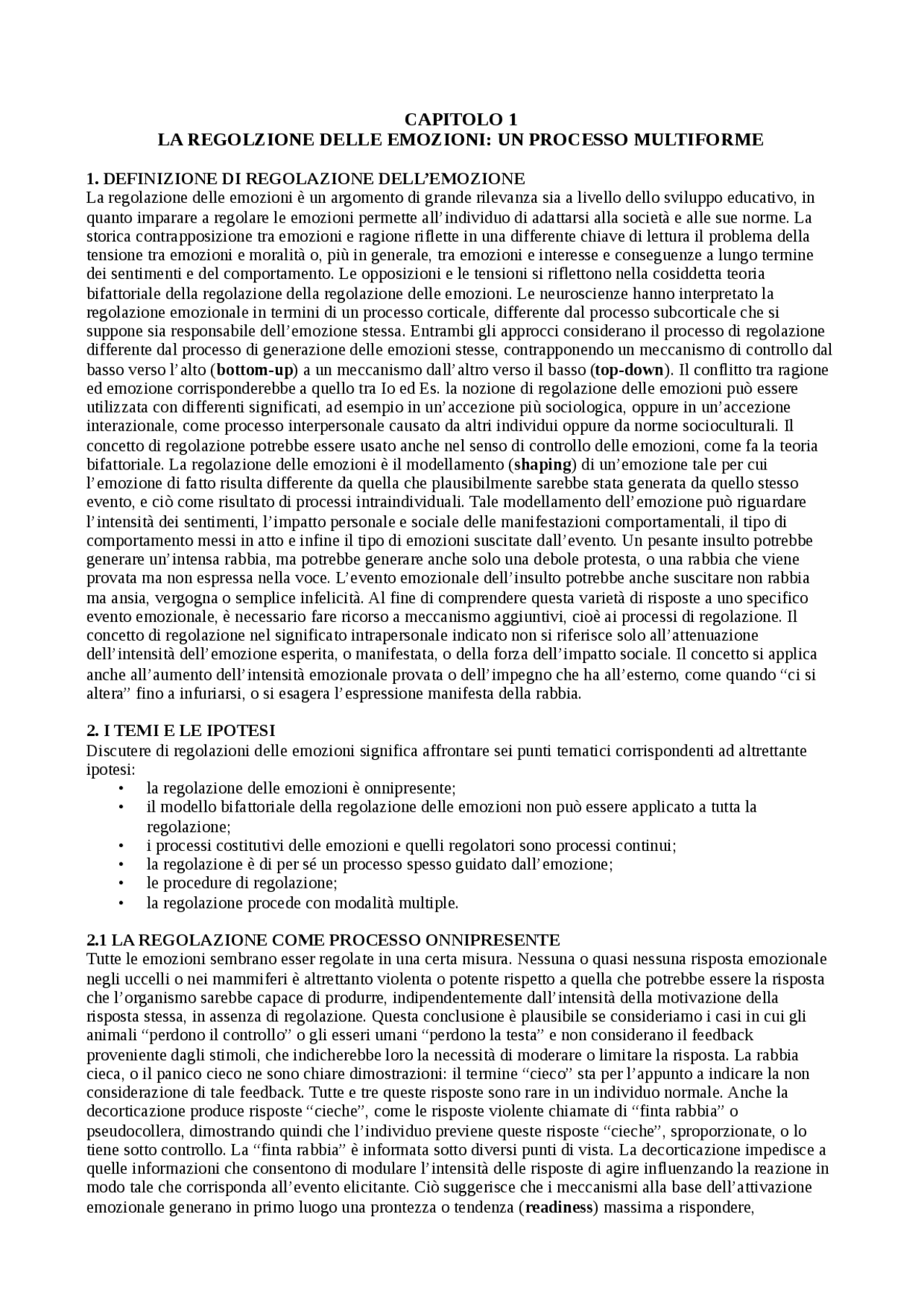 Sintesi Capitolo Uno La Regolazione Delle Emozioni Docsity