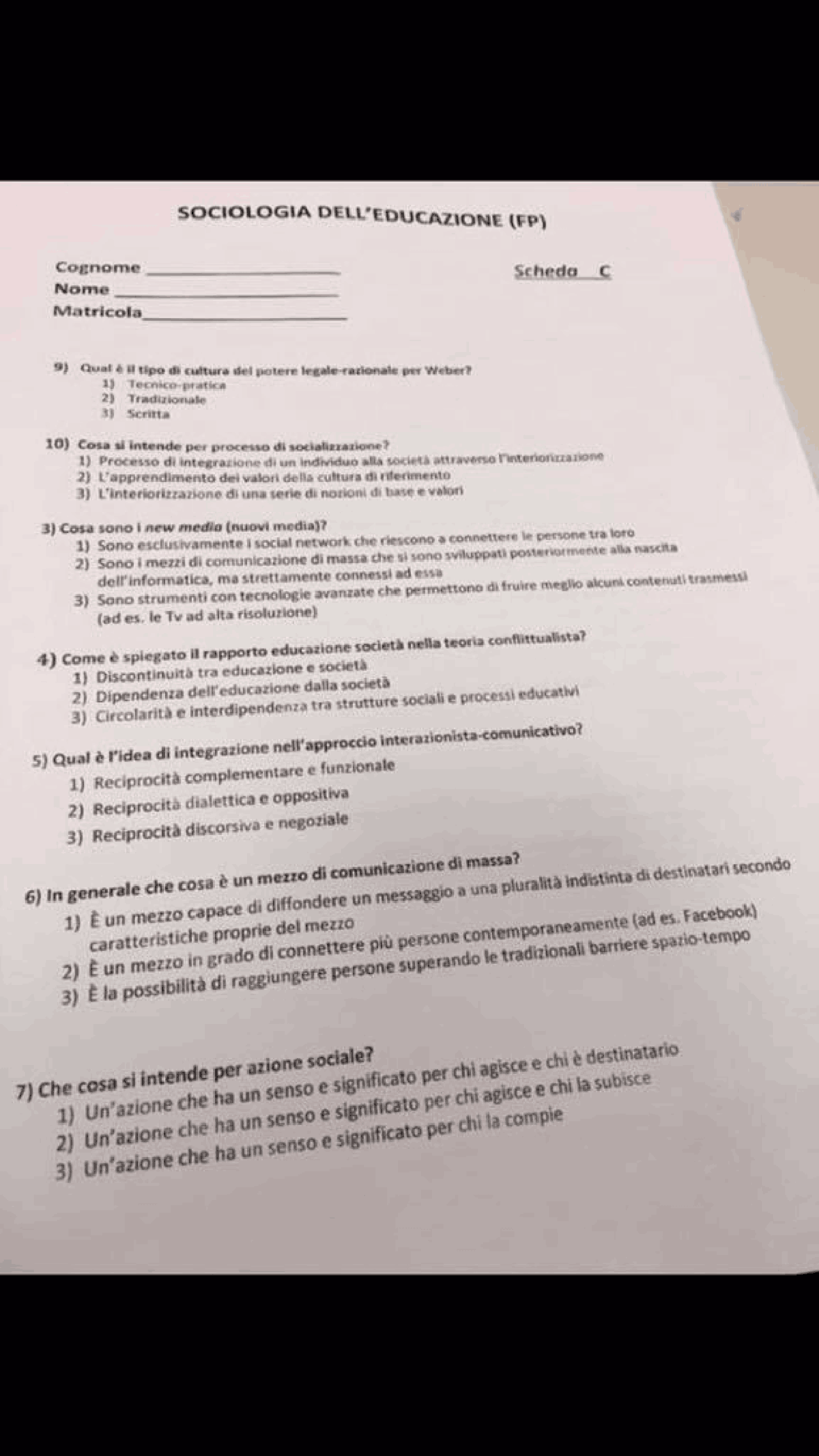 Test Sociologia Delleducazione Docsity