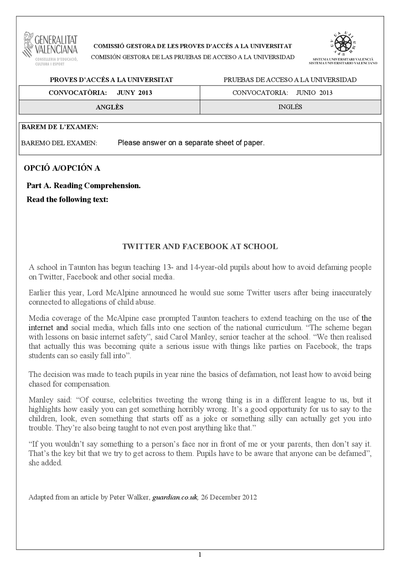 Examenes Selectividad Inglés De 2011 A 2015 Docsity