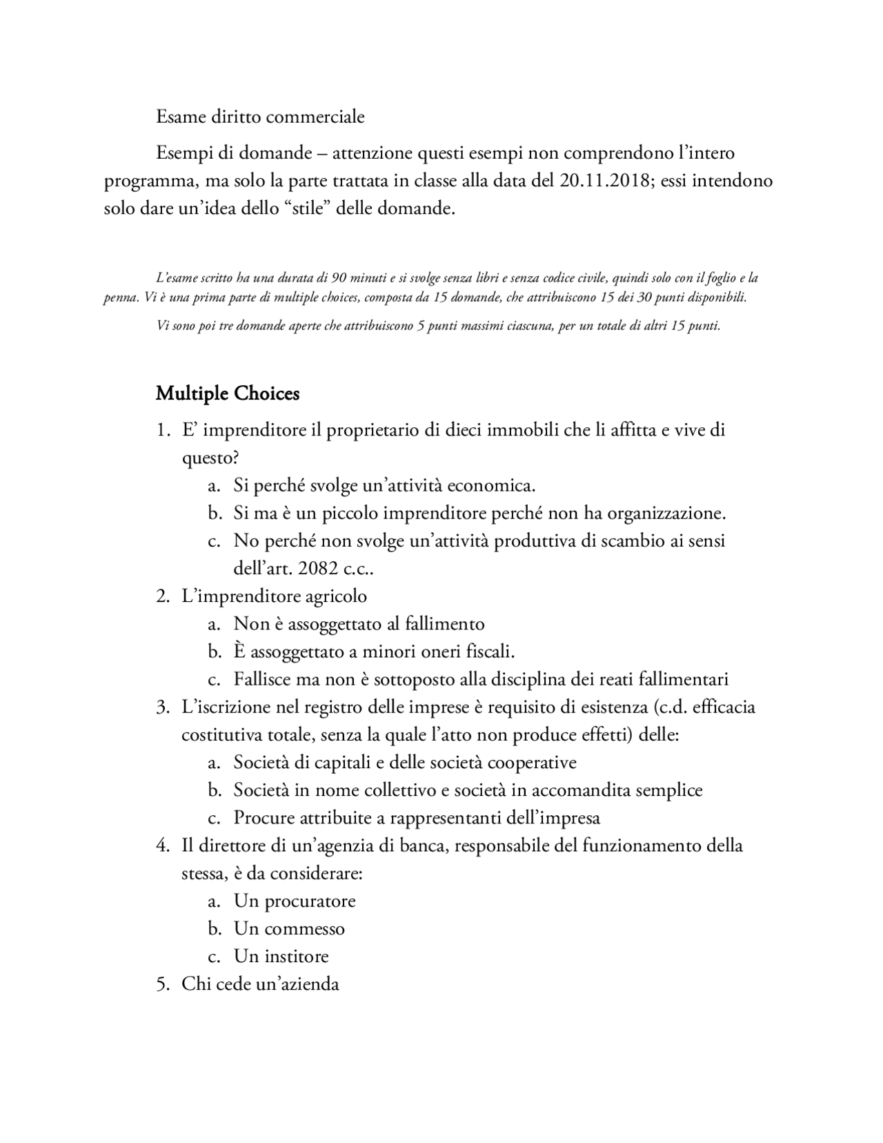 Domande Test Esame Diritto Commerciale Docsity