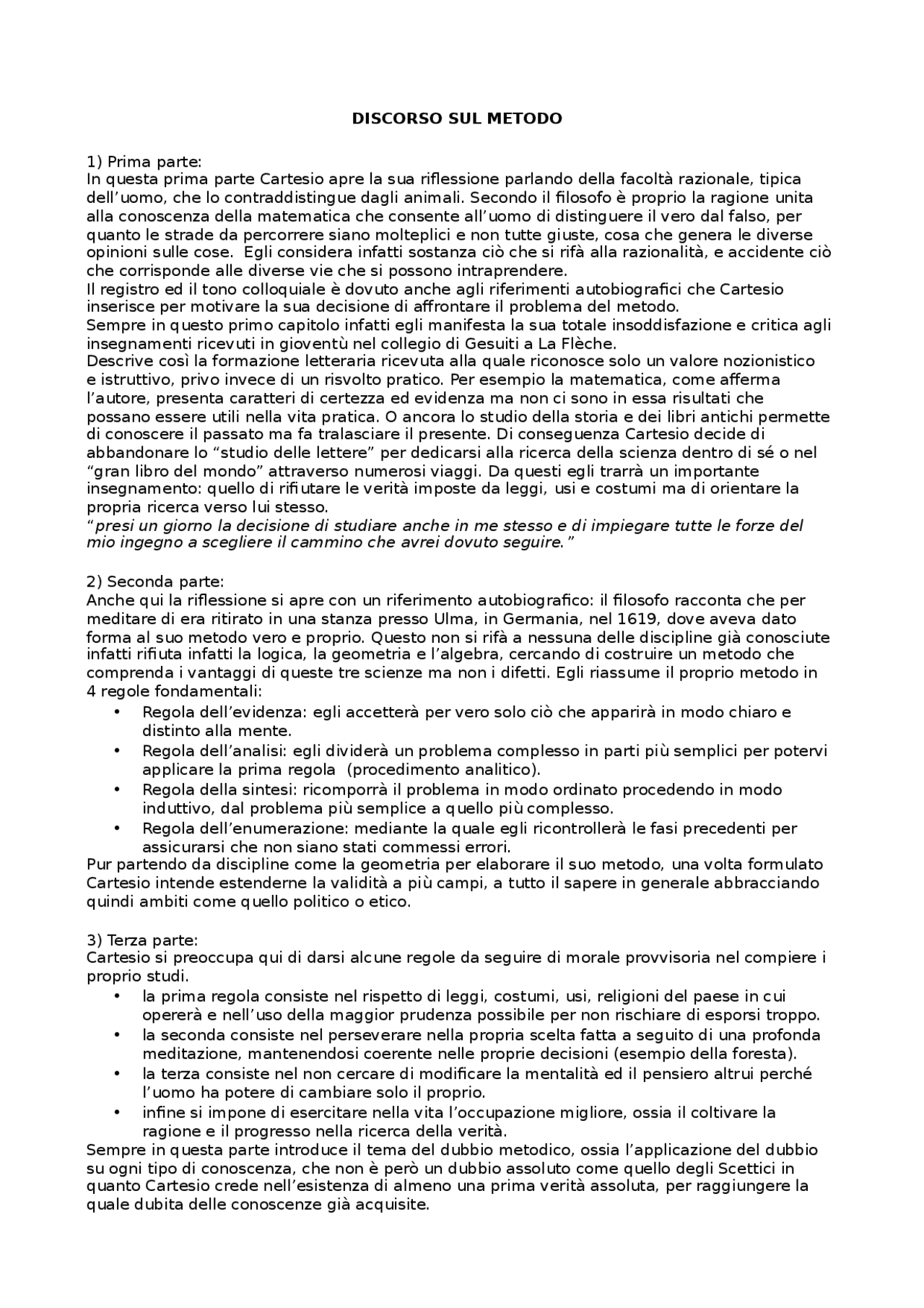 Breve Riassunto Opera Discorso Sul Metodo Docsity