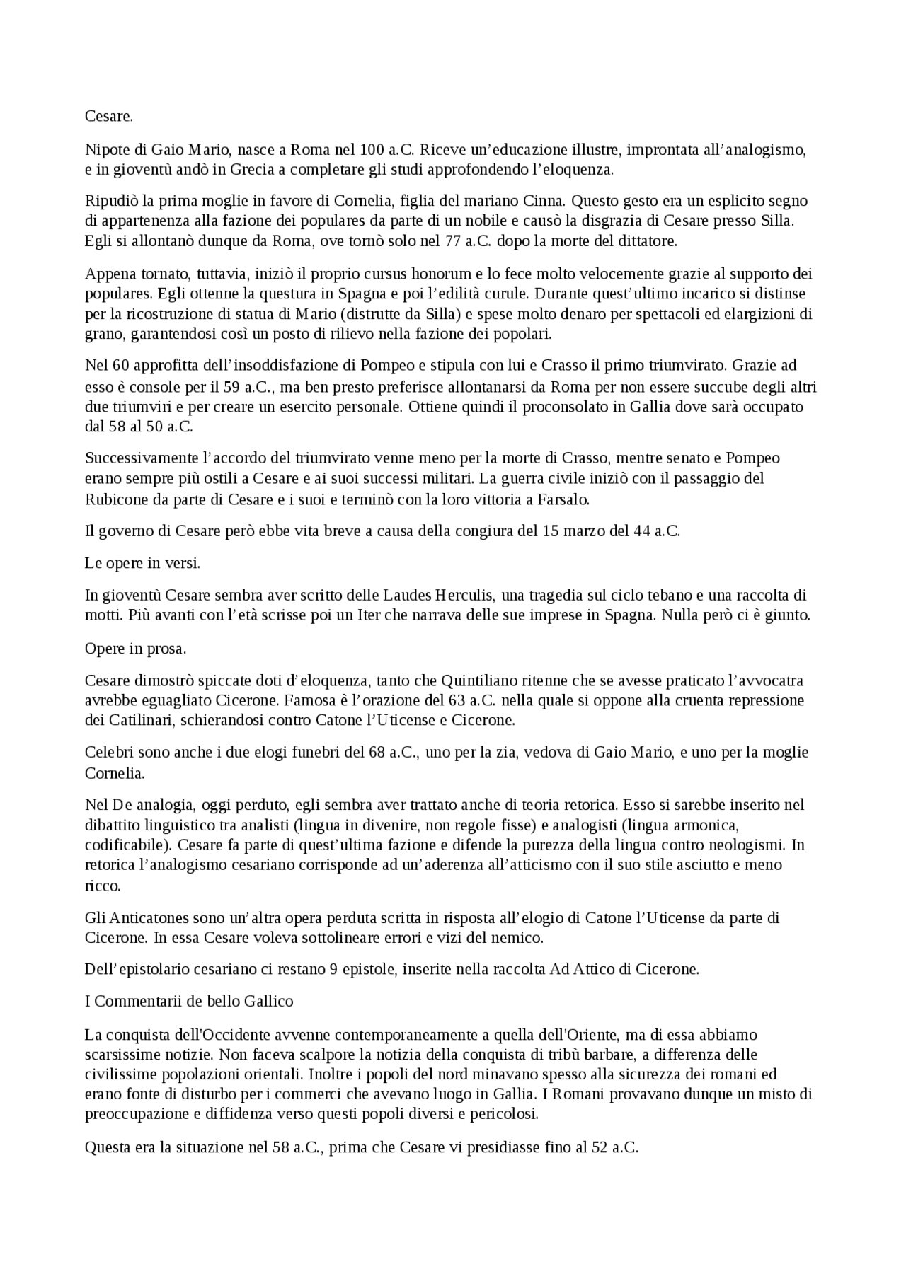 Cesare Riassunto Dal Libro Di Paolo Fedeli Storia Di Roma Docsity