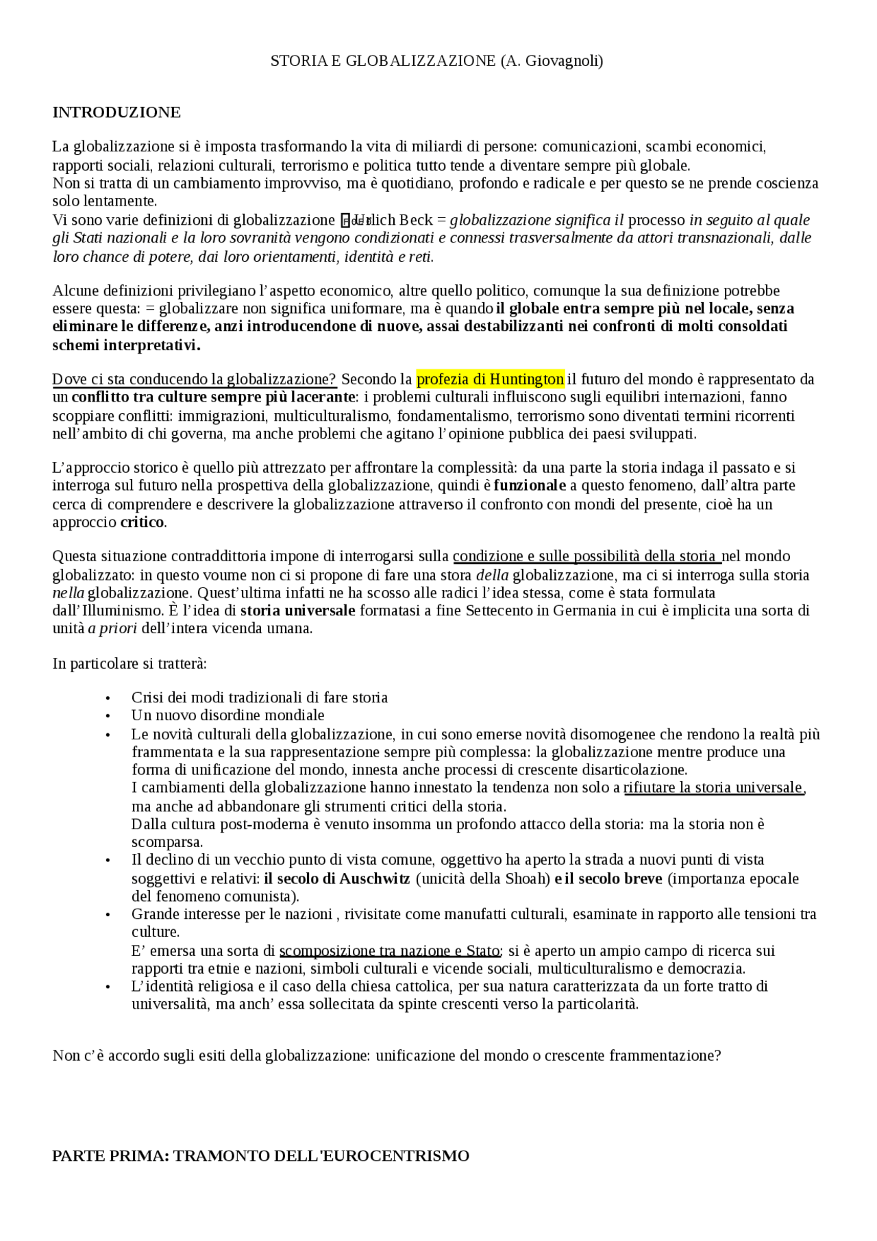 Storia E Globalizzazione Giovagnoli Docsity