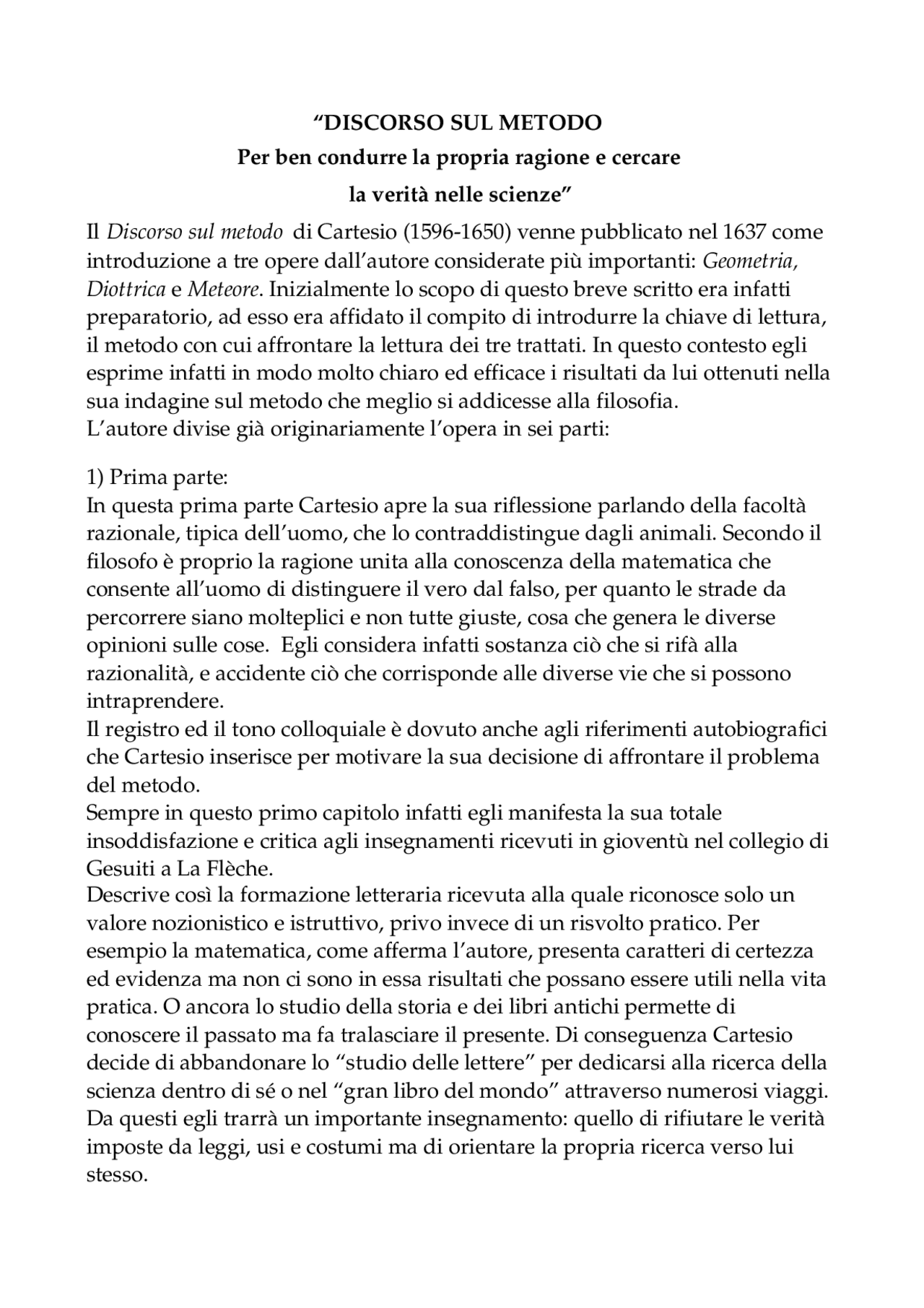 Discorso Sul Metodo Cartesio Docsity