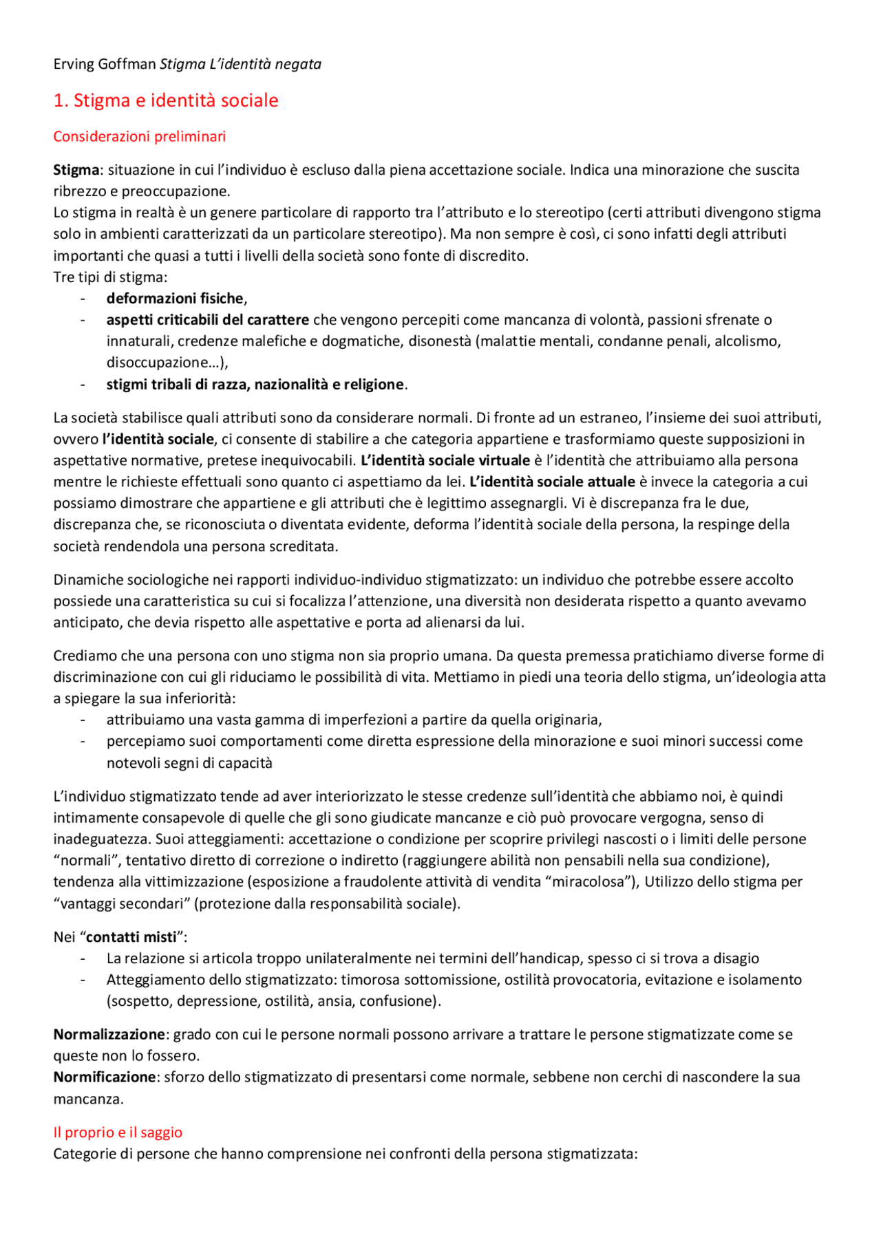 Riassunto Del Testo Stigma E Goffman Univr Docsity
