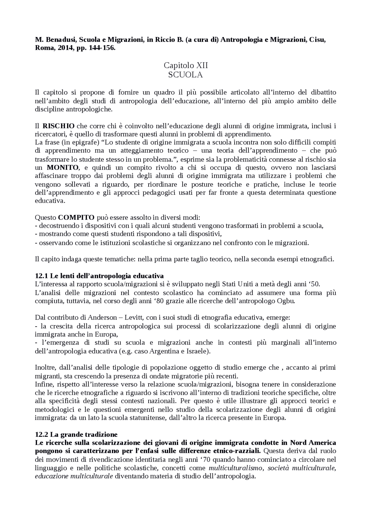 Scuola E Migrazioni M Benadusi Docsity