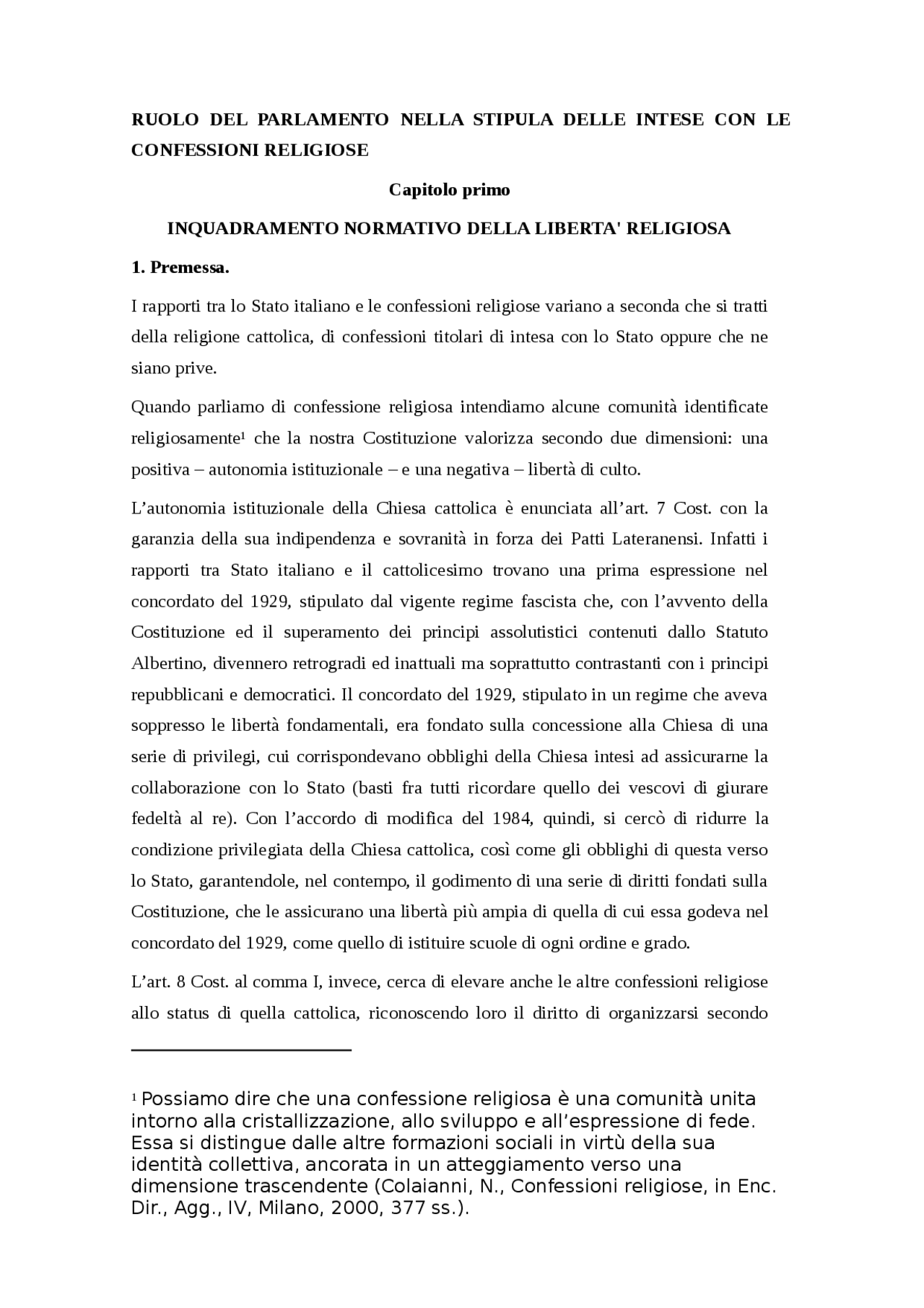 Tesi sui rapporti tra legislazione e confessioni religiose - Docsity