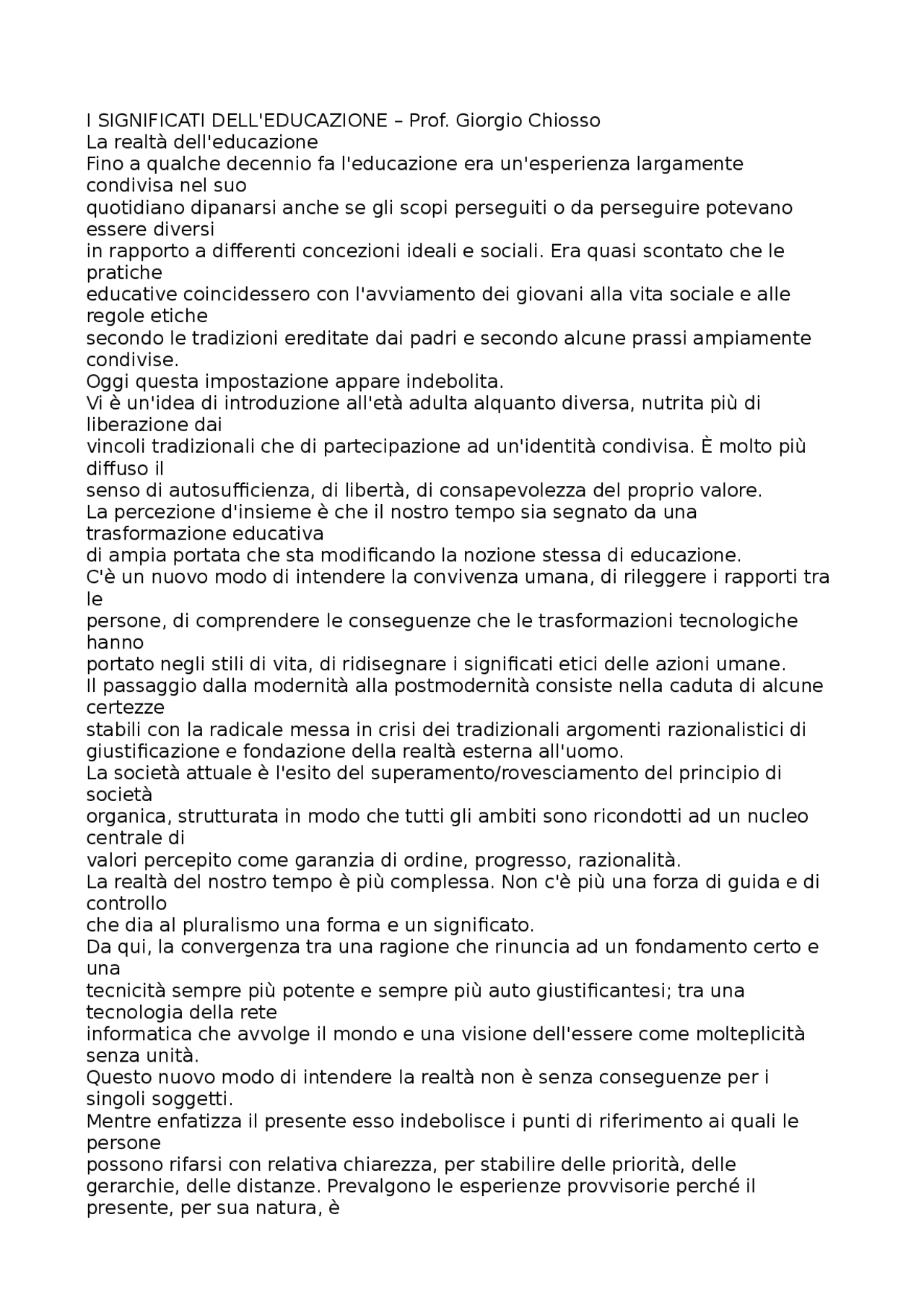Parte Prima De I Significati Delleducazione Chiosso Docsity