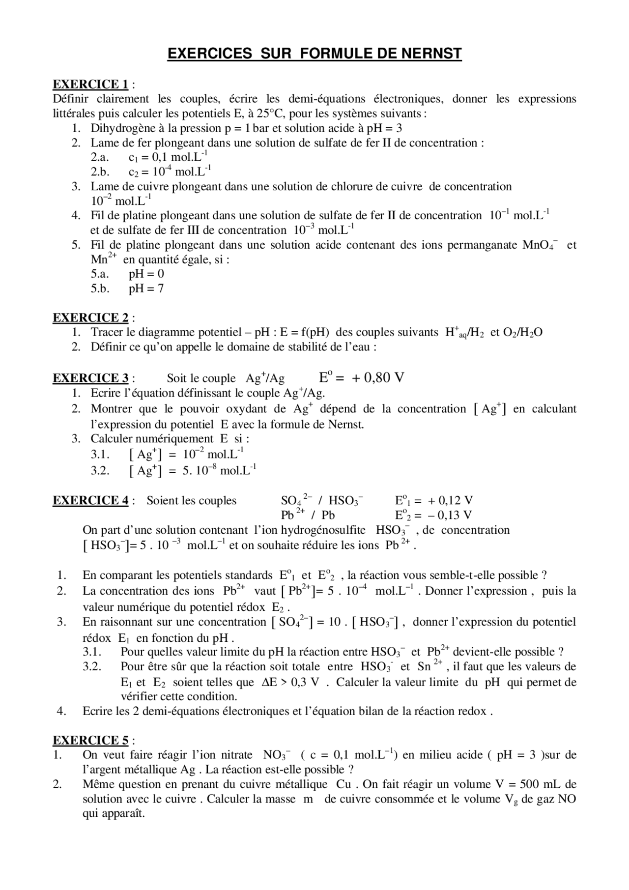 Exercice sur formule de Nernst | Exercises Electrochemistry | Docsity