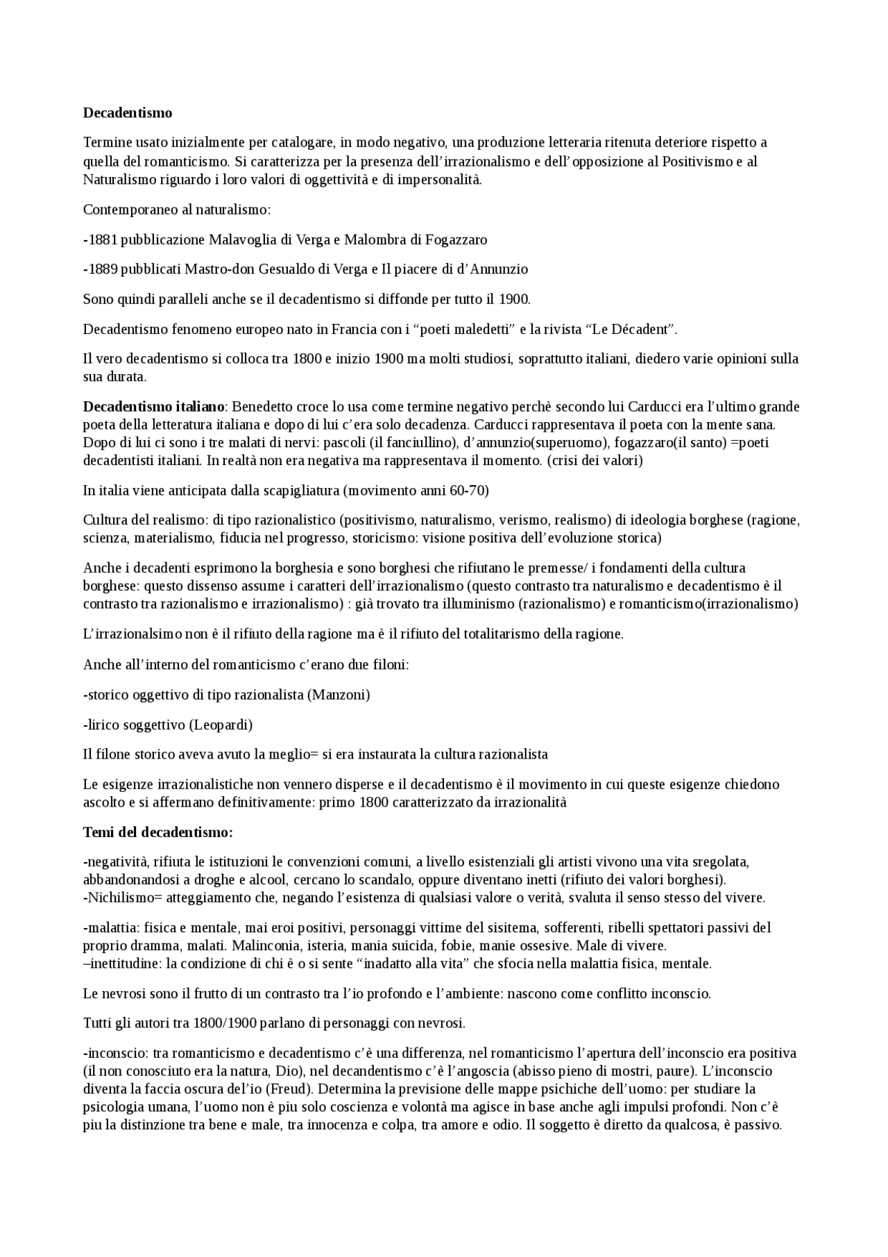 Decadentismo 1800 1900 Notes De Littérature Italienne Docsity