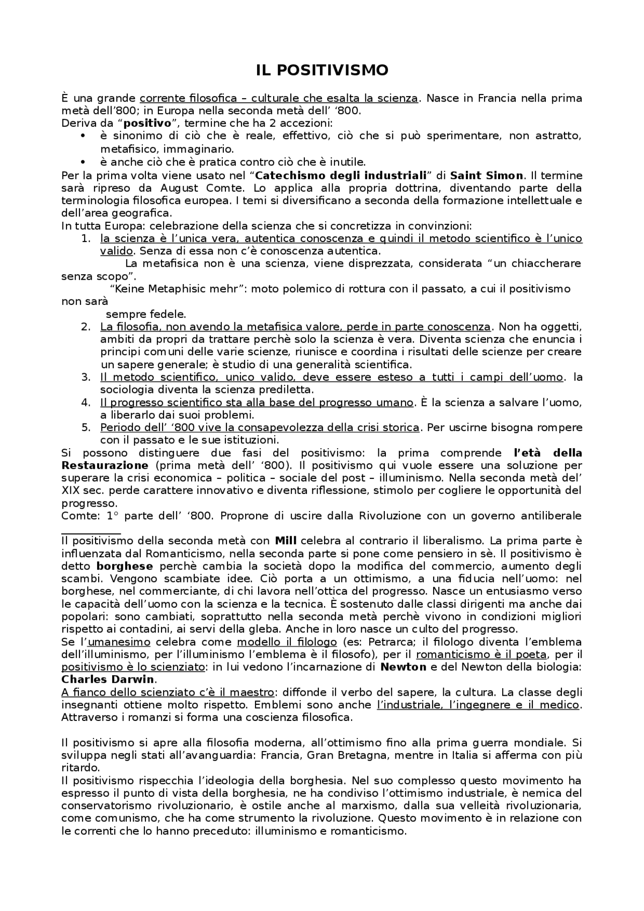 Il Positivismo Appunti Docsity