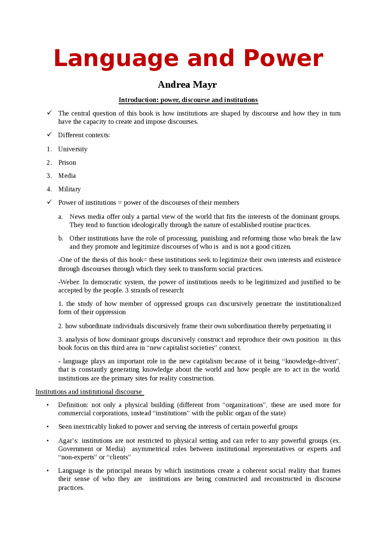 Language And Power An Introduction To Institutional Discourse Andrea